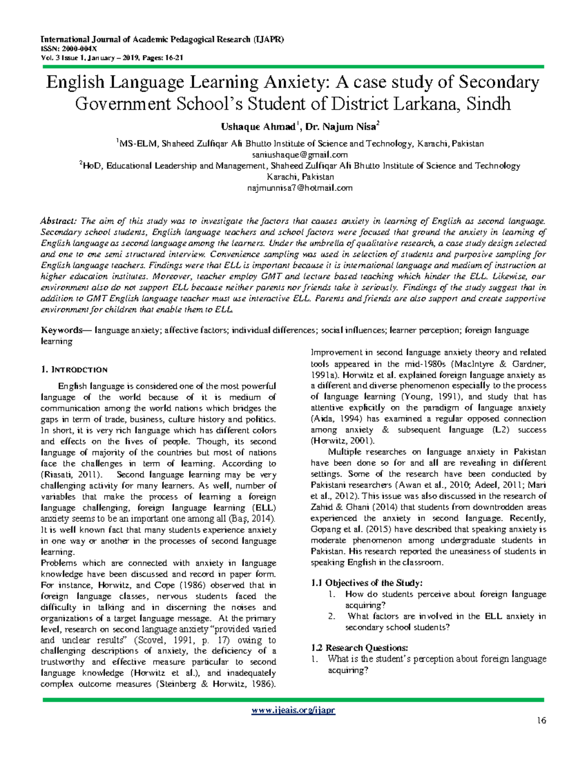 English Language Learning Anxiety: A Case Study of Secondary Students ...