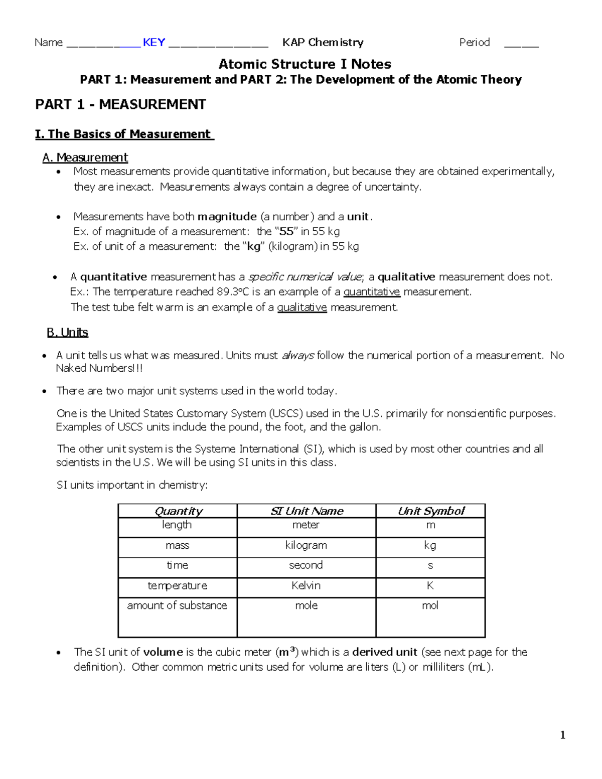 KAP Chemistry Period - Atomic Structure I: Measurement & Theory Notes ...