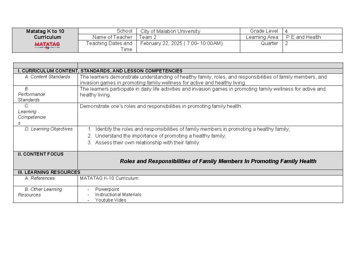 Lesson Plan: Promoting Family Health in P.E. & Health 2 (Grade 4) - Studocu