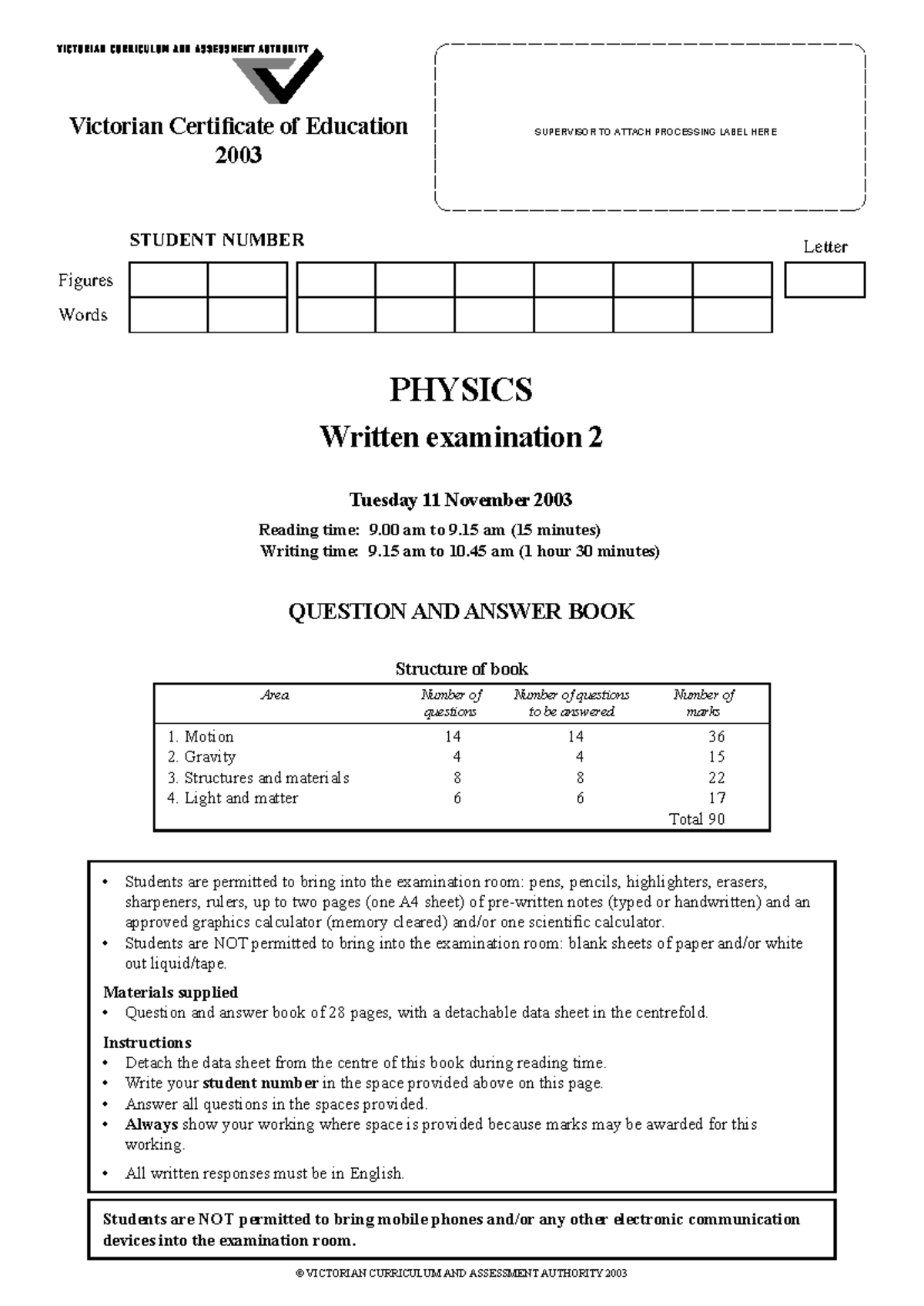 Physics 22003 - VCE 2003 Written Exam 2 Questions and Answers - Studocu