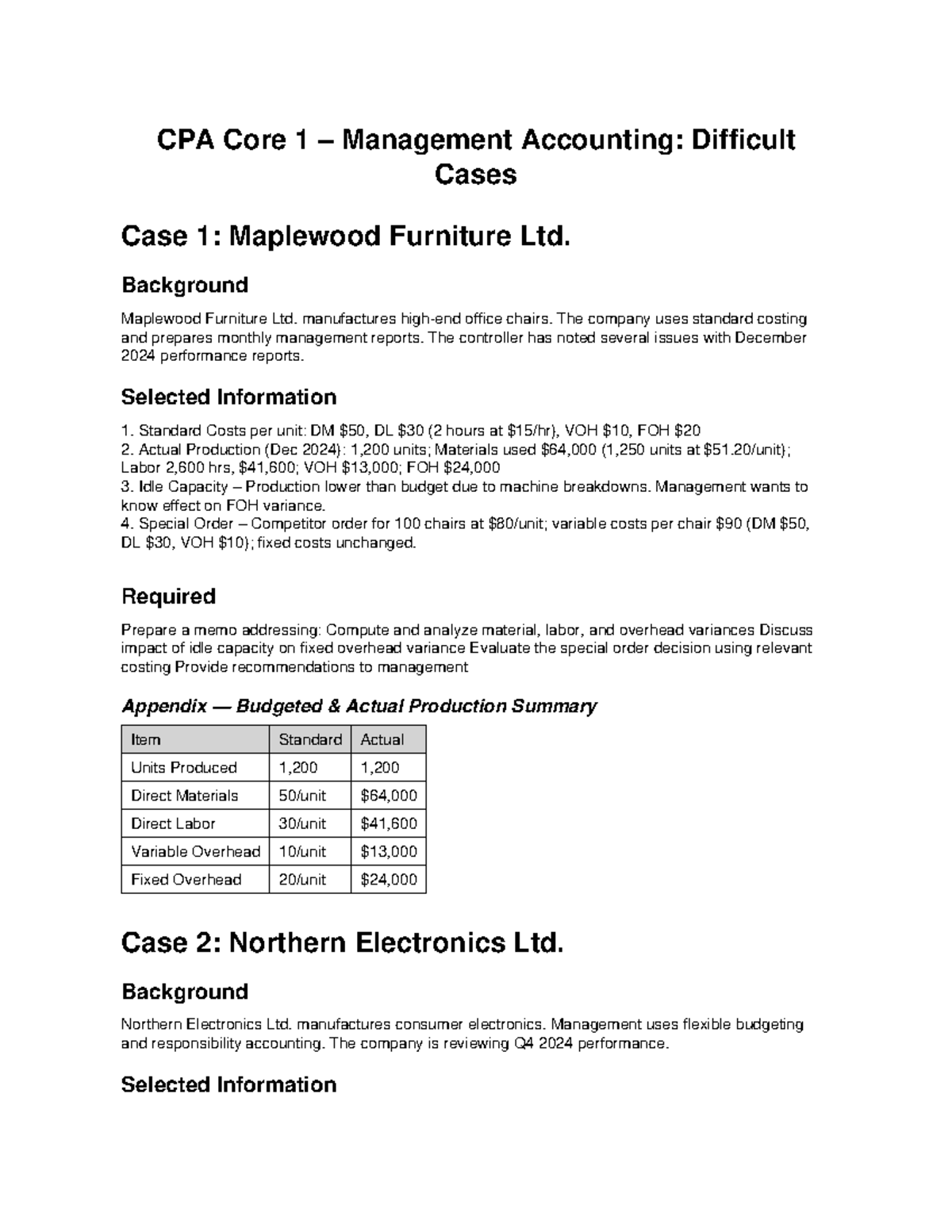 CPA Core 1 Management Accounting: Case Study on Maplewood Furniture ...