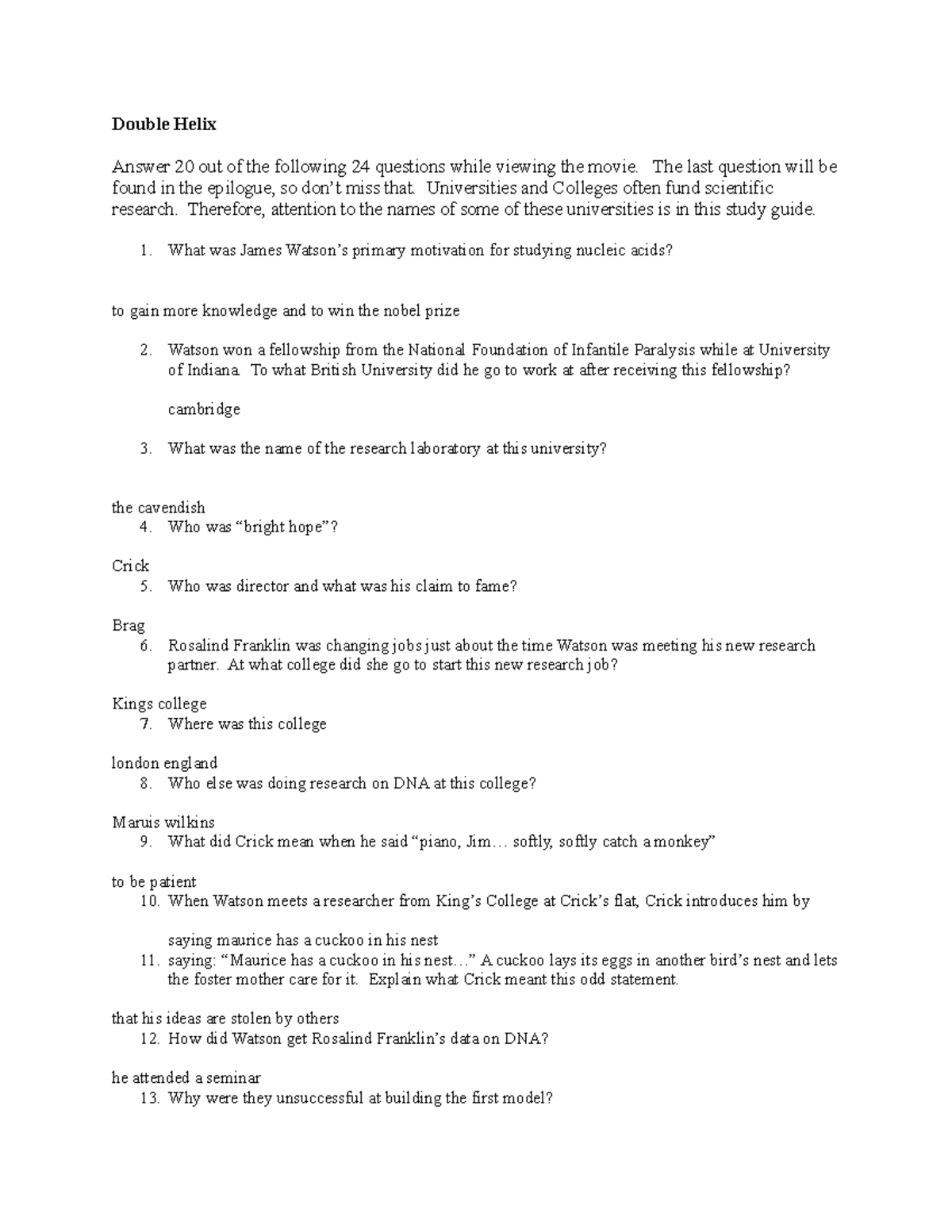Double Helix questions (6) - Double Helix Answer 20 out of the ...