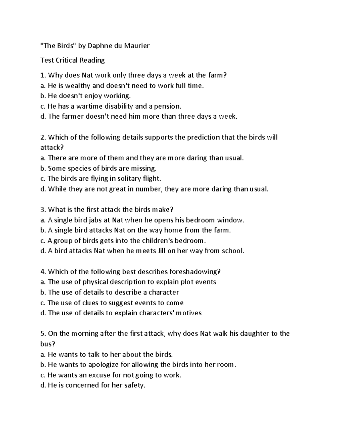 The birds crt 1-7 - reading quiz - "The Birds" by Daphne du Maurier ...