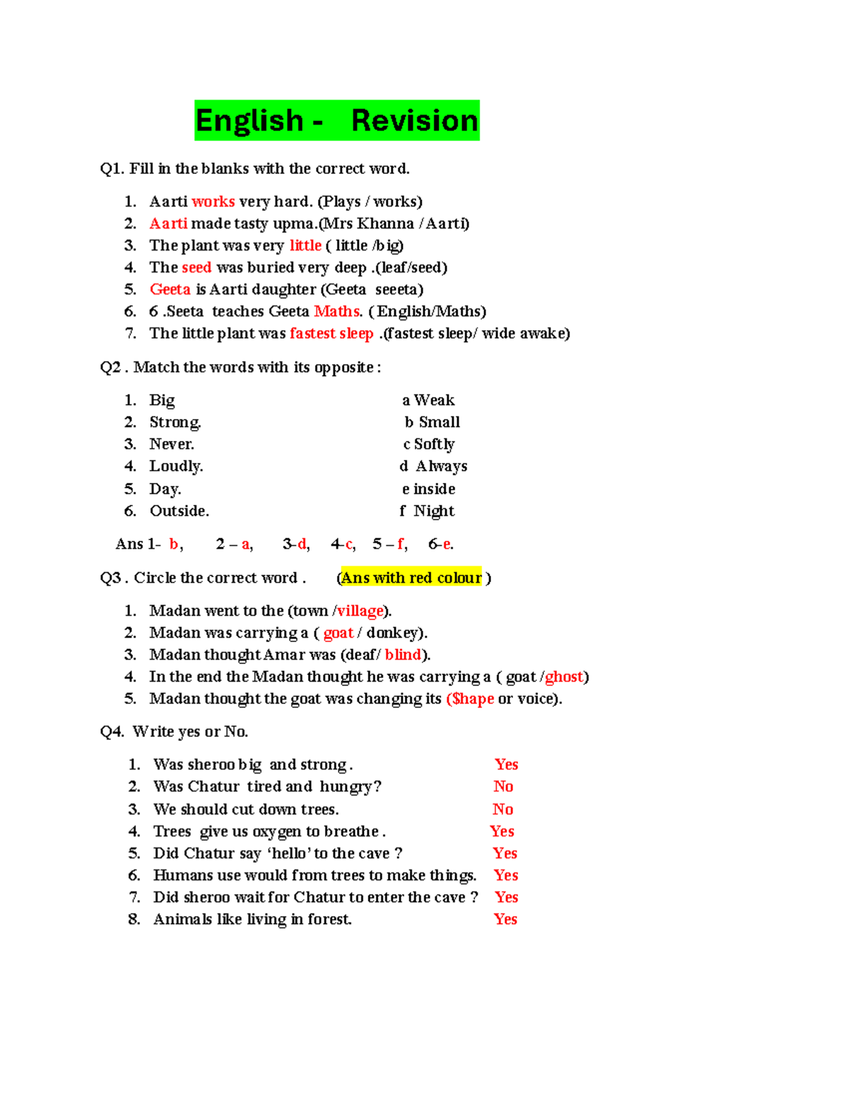 2nd Std English Revision Q1-Q14: Fill in the Blanks & Exercises - Studocu