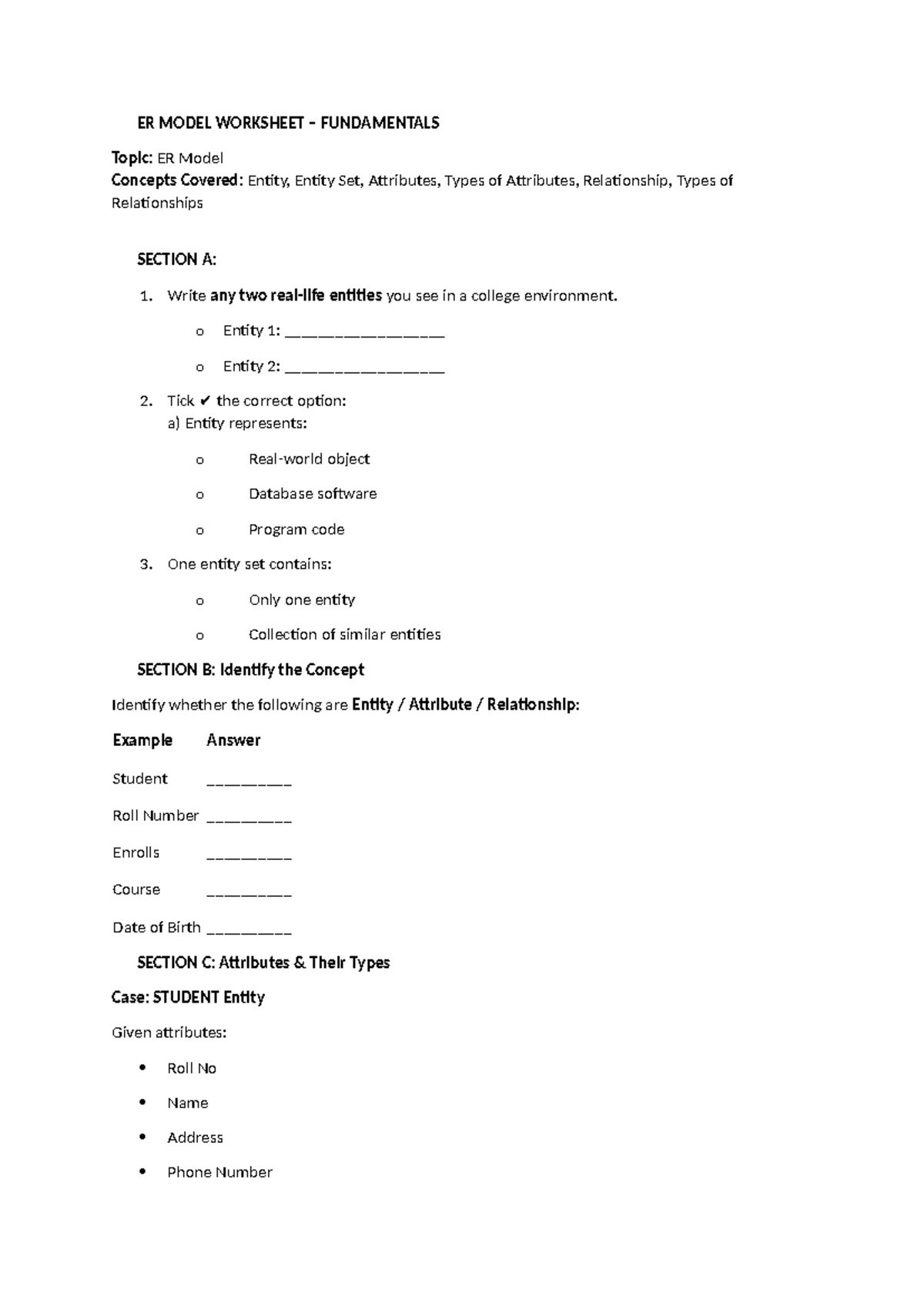 DBMS Worksheet No. 2 - ER Model Concepts and Diagrams - Studocu