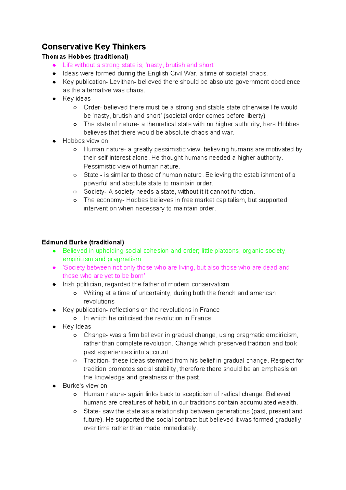 A Level Politics - Core Political Ideas - Key Thinkers Overview - Studocu