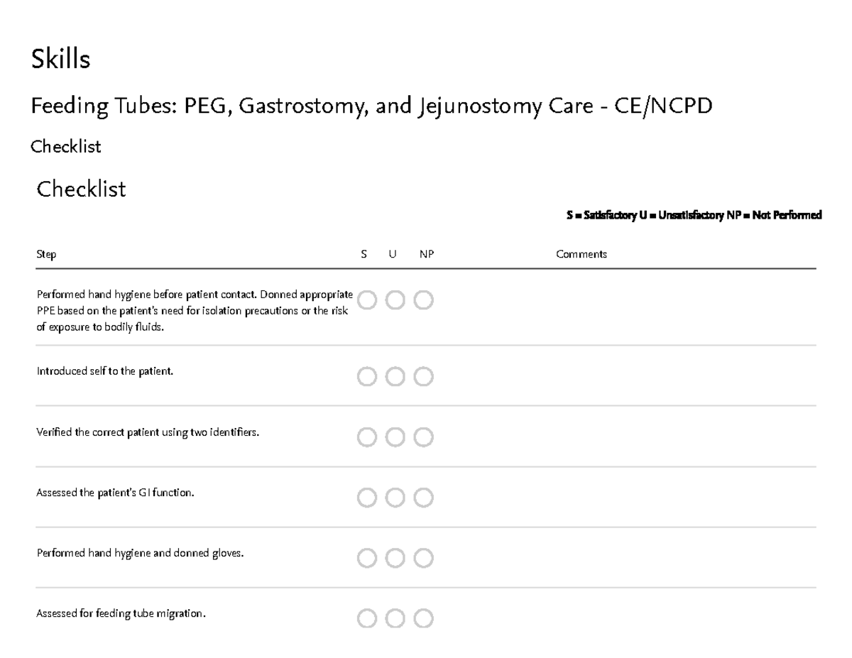 Feeding Tube Care Checklist: PEG, Gastrostomy, Jejunostomy Skills - Studocu