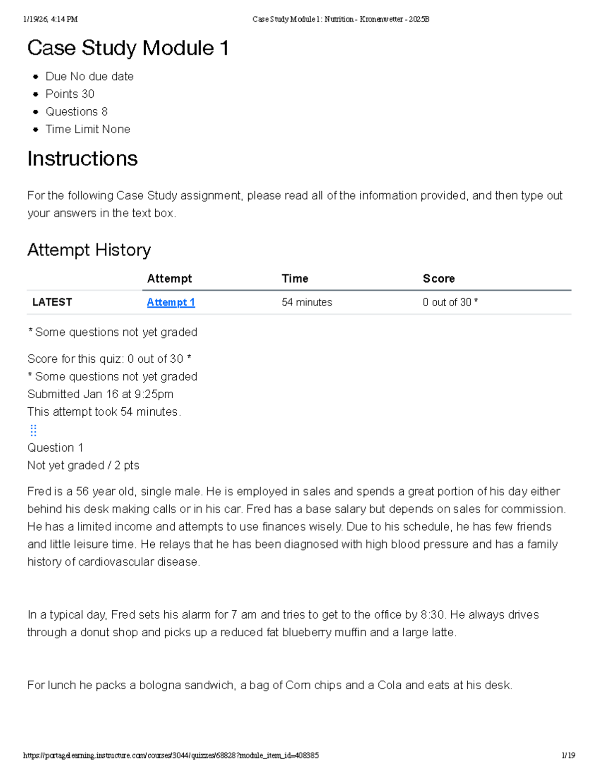 Case Study Module 1: Nutrition Analysis for Fred - Kronenwetter 2025B ...