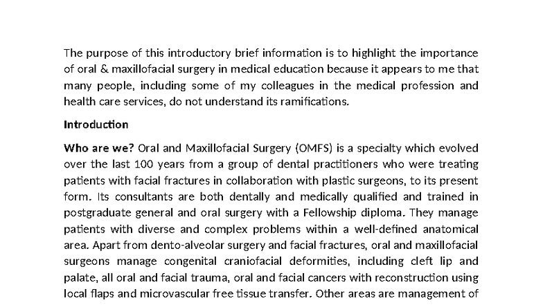 Introduction to OMFS: Importance in Medical Education (SUG. 401) - Studocu
