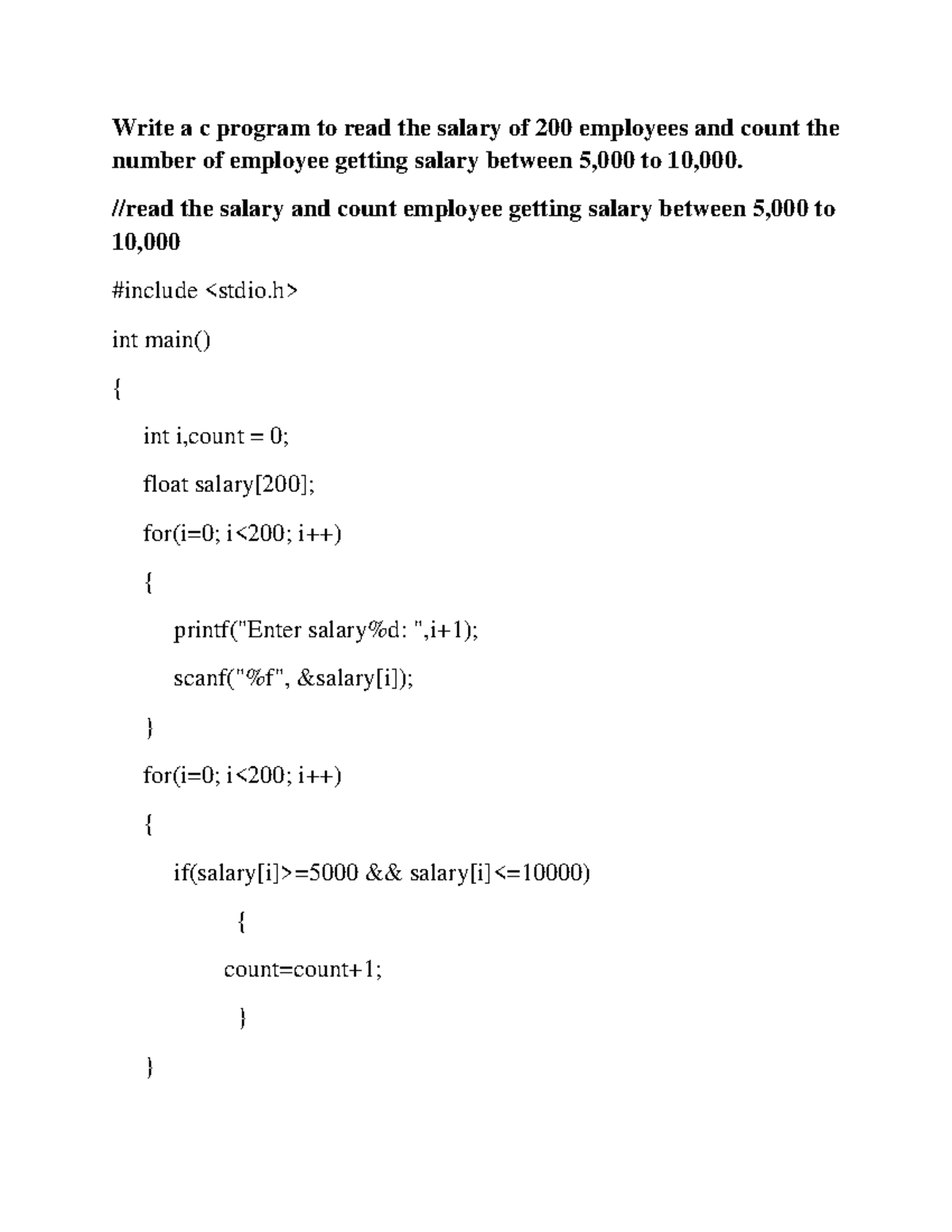 Array-Part-2 - Practical - Write a c program to read the salary of 200 ...