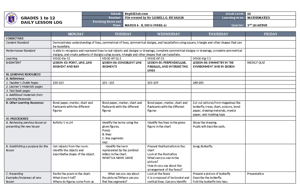 DLL Mathematics 3 Q3 W6 - DAILY LESSON PLAN IN MATH WEEK 1 QUARTER 3 ...