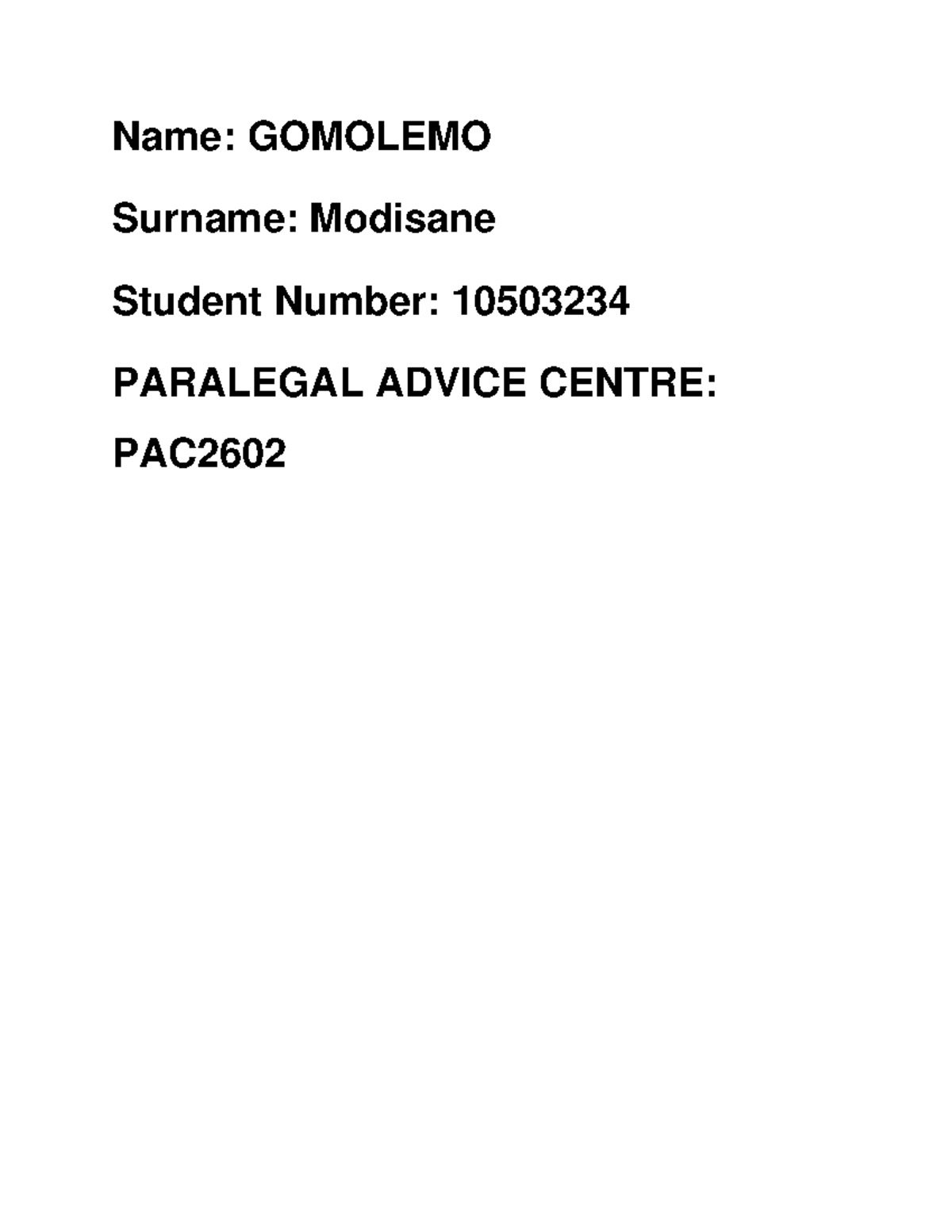 pac2602 exam prep - Name: GOMOLEMO Surname: Modisane Student Number ...