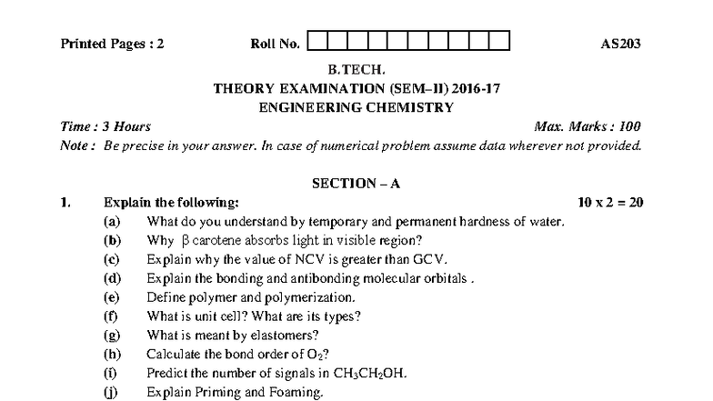 Engineering Chemistry AS203 Theory Exam Notes - Studocu