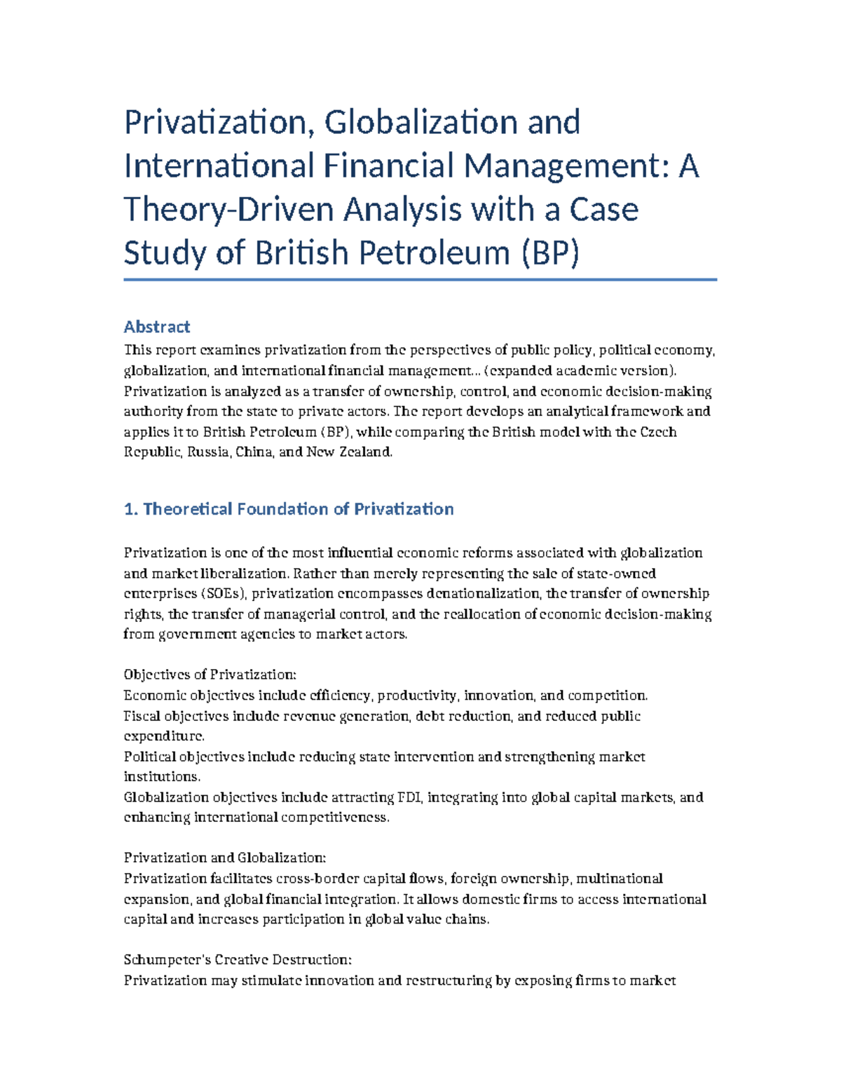 Privatization & Globalization: A Case Study of BP (FIN 301) - Studocu