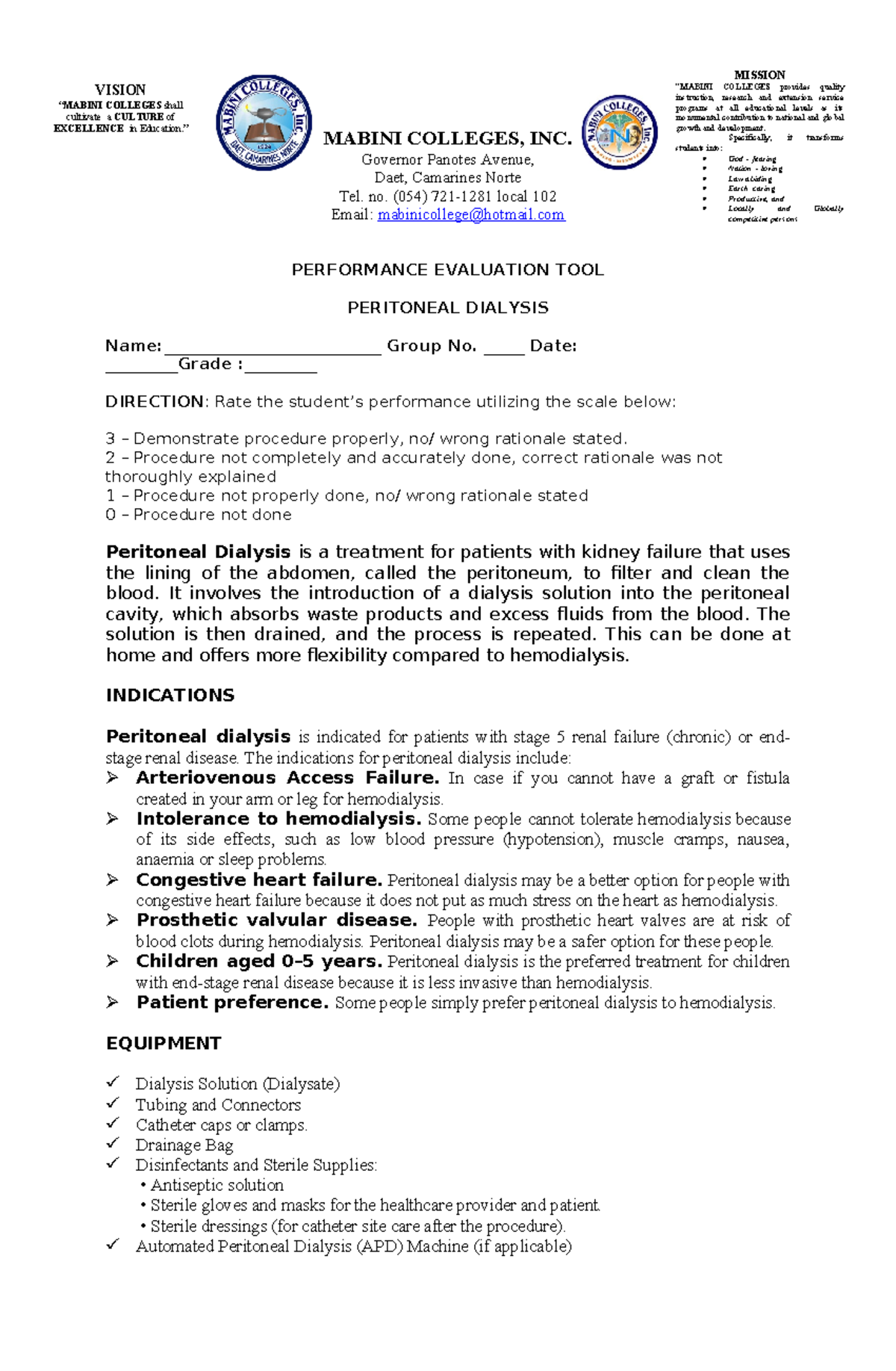 Peritoneal Dialysis Performance Evaluation Checklist - Studocu