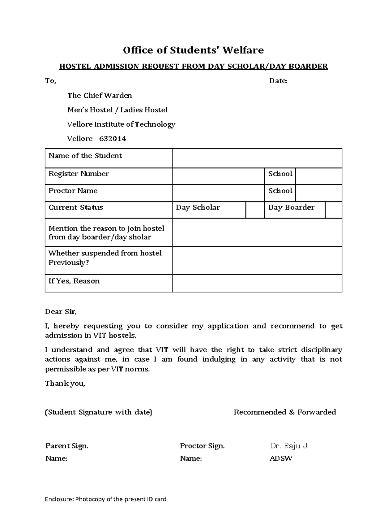 VIT Hostel Admission Request Form for Day Scholars/Boarders - Studocu