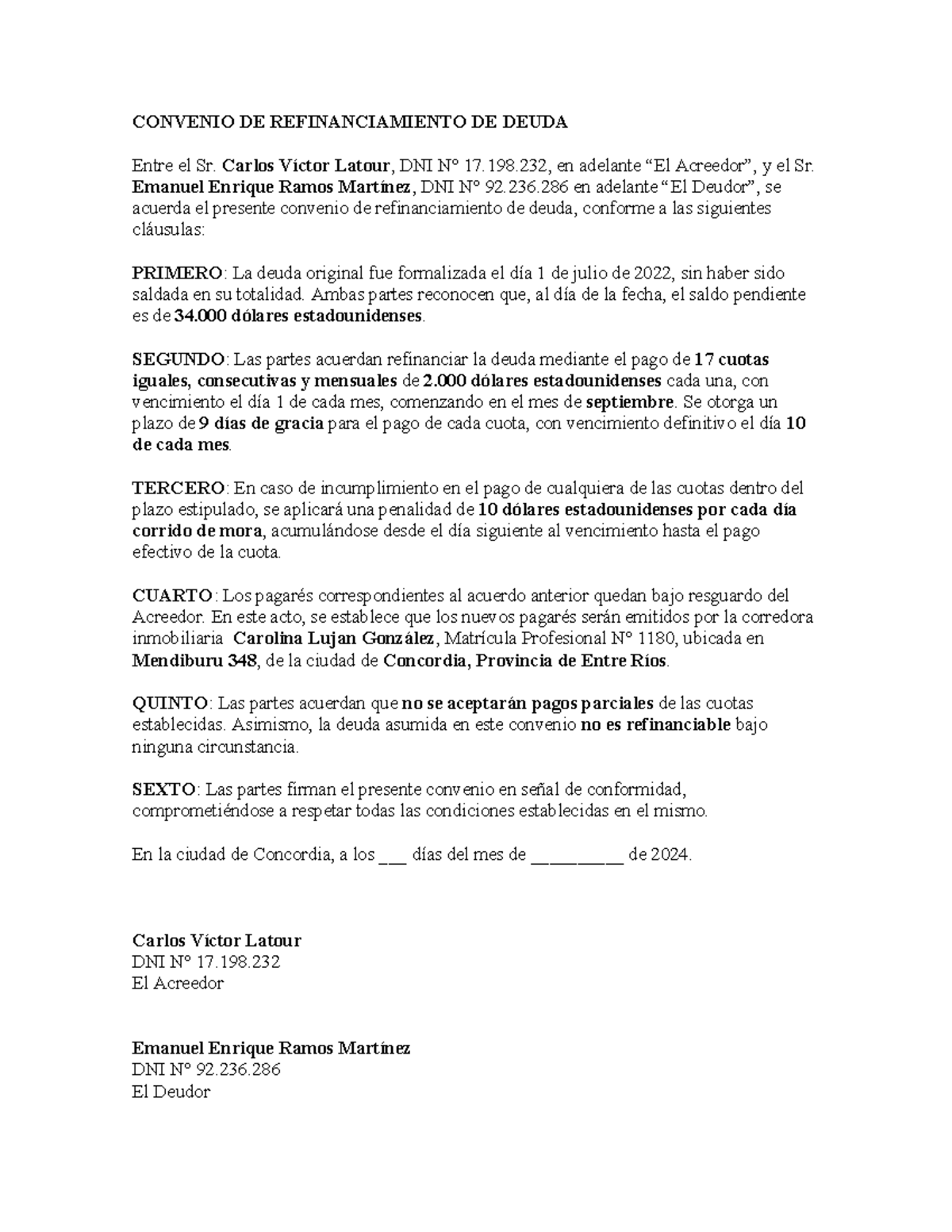 Convenio de Refinanciamiento de Deuda entre Latour y Ramos - Studocu
