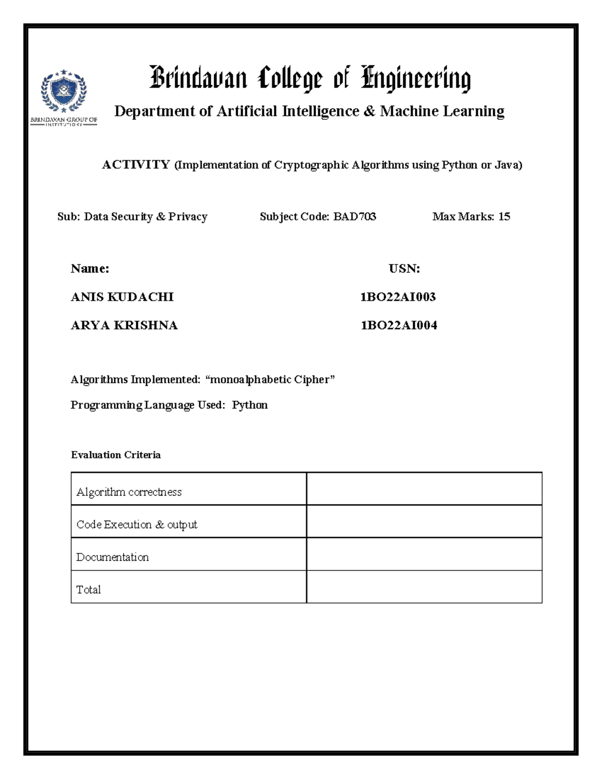 Implementation of Cryptographic Algorithms using Python - BAD703 - Studocu