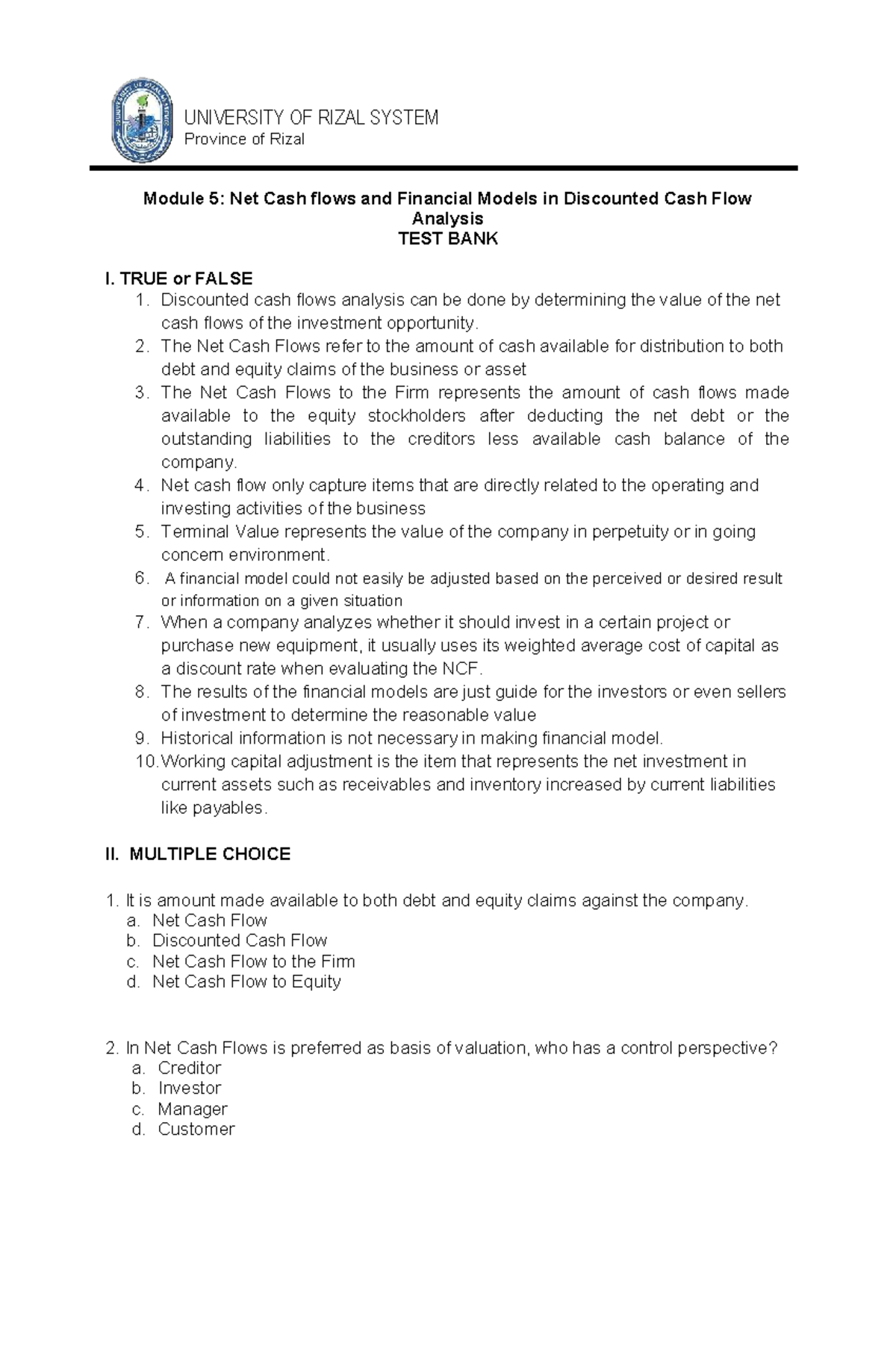 Module 5: Net Cash Flows & Financial Models DCF Analysis Test Bank ...