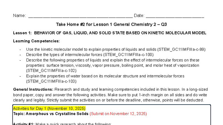 GC2 - Take Home Lesson 1: Kinetic Molecular Model & States of Matter ...