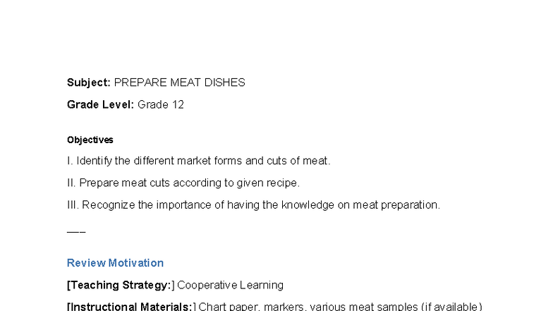Grade 12 Meat Cuts Preparation Lesson Plan - Studocu