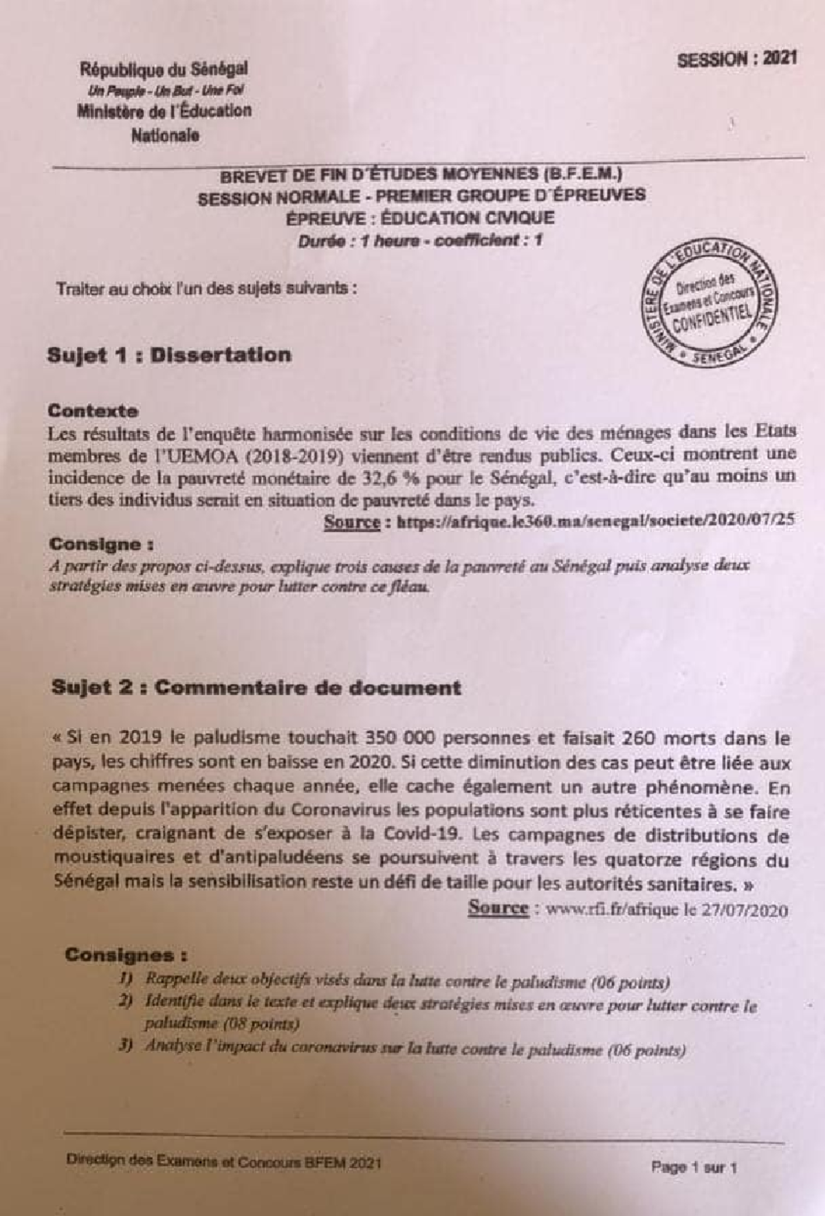 BFEM 2021 Epreuve d'Éducation Civique - Premier Groupe Sénégal - Studocu