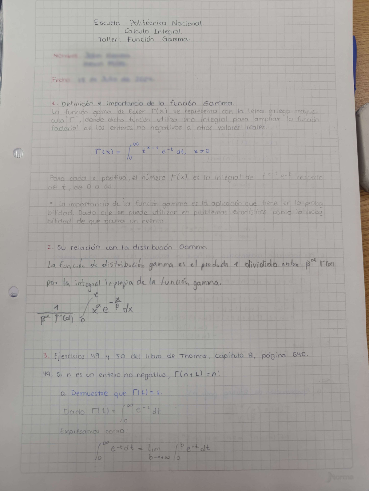 Taller función gamma - Escuela Politecnica Nacional Calculo Integral ...