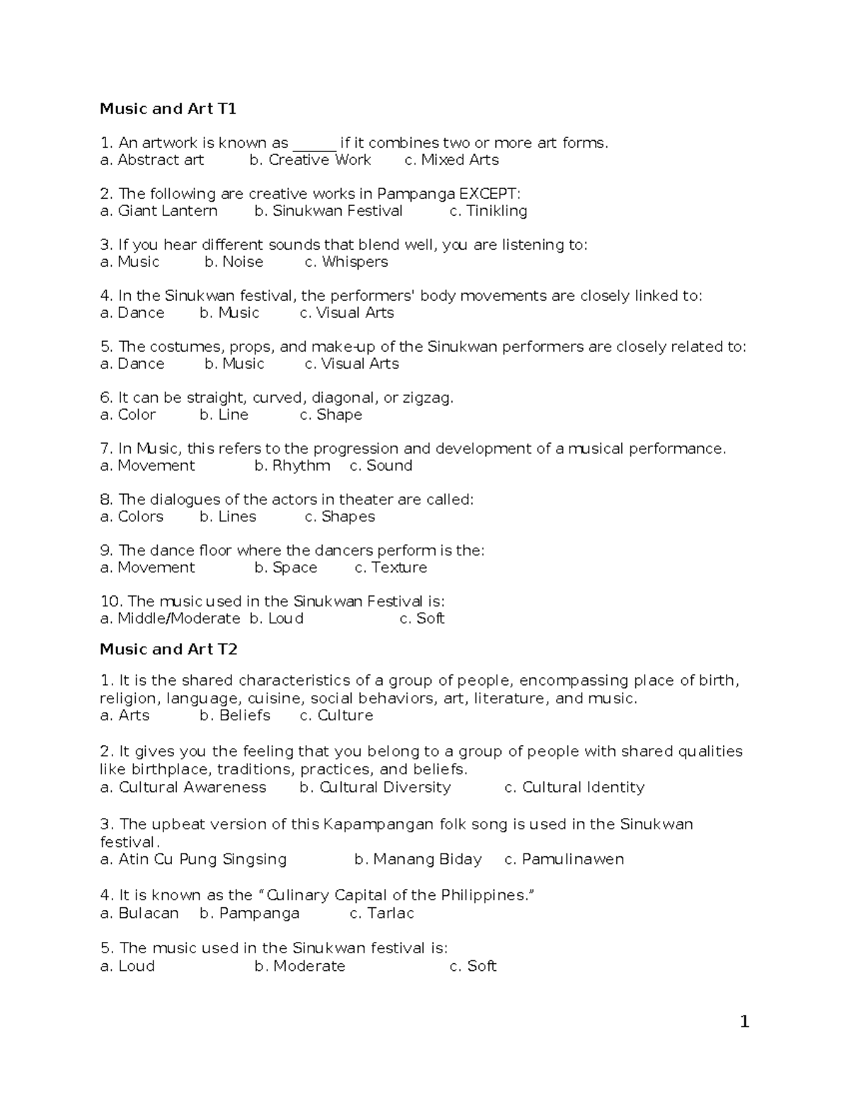 Music and Art T1: Understanding Cultural and Artistic Elements - Studocu