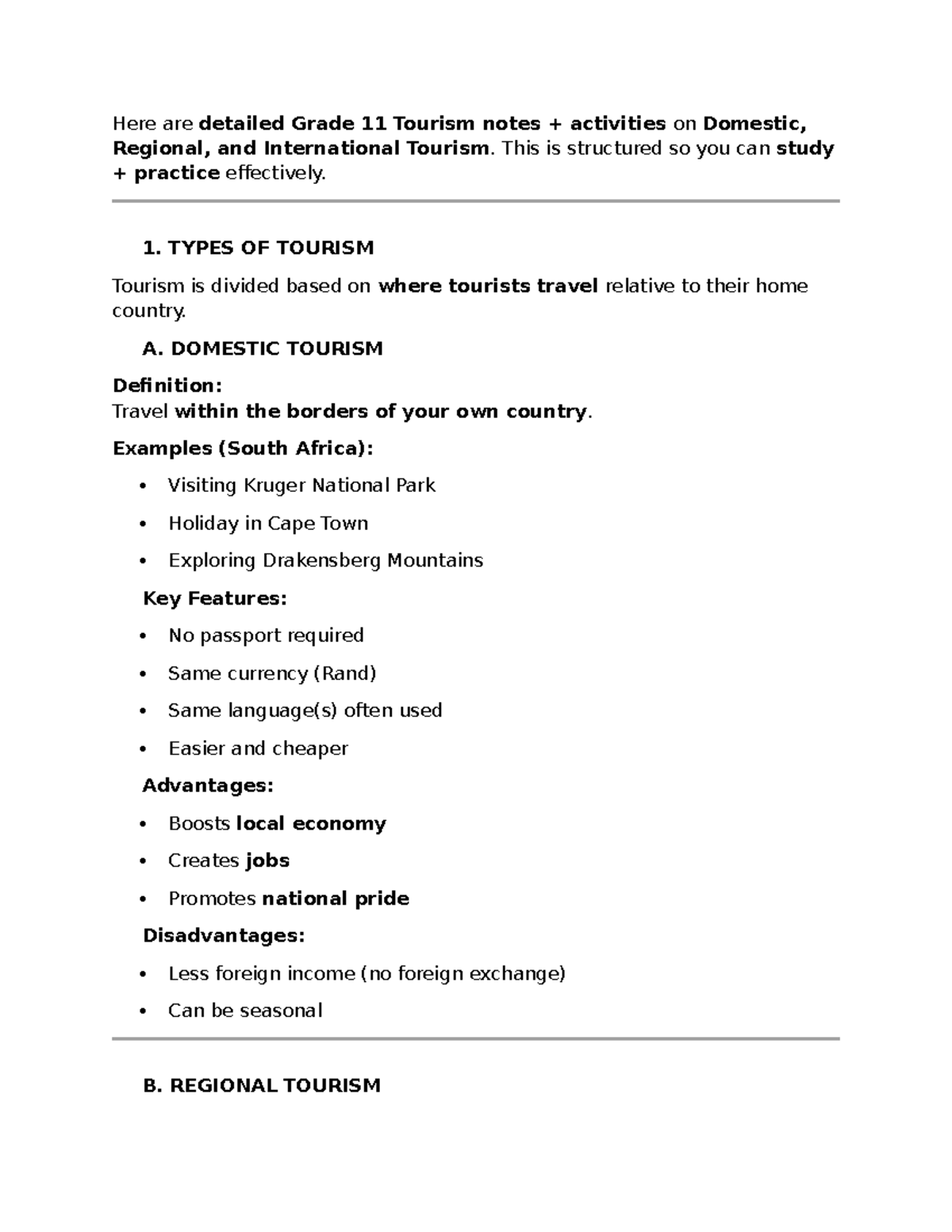 Grade 11 Tourism Notes (Week 2 & 3) on Types of Tourism Activities ...