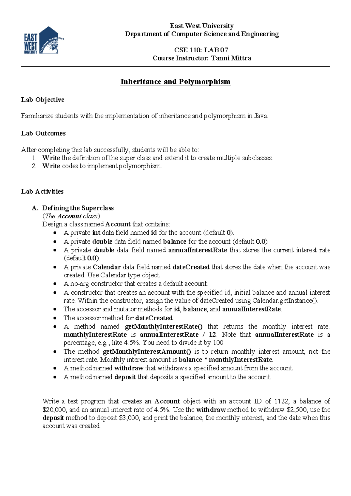 Lab7inheritance And Polymorphism East West University Department Of Computer Science And