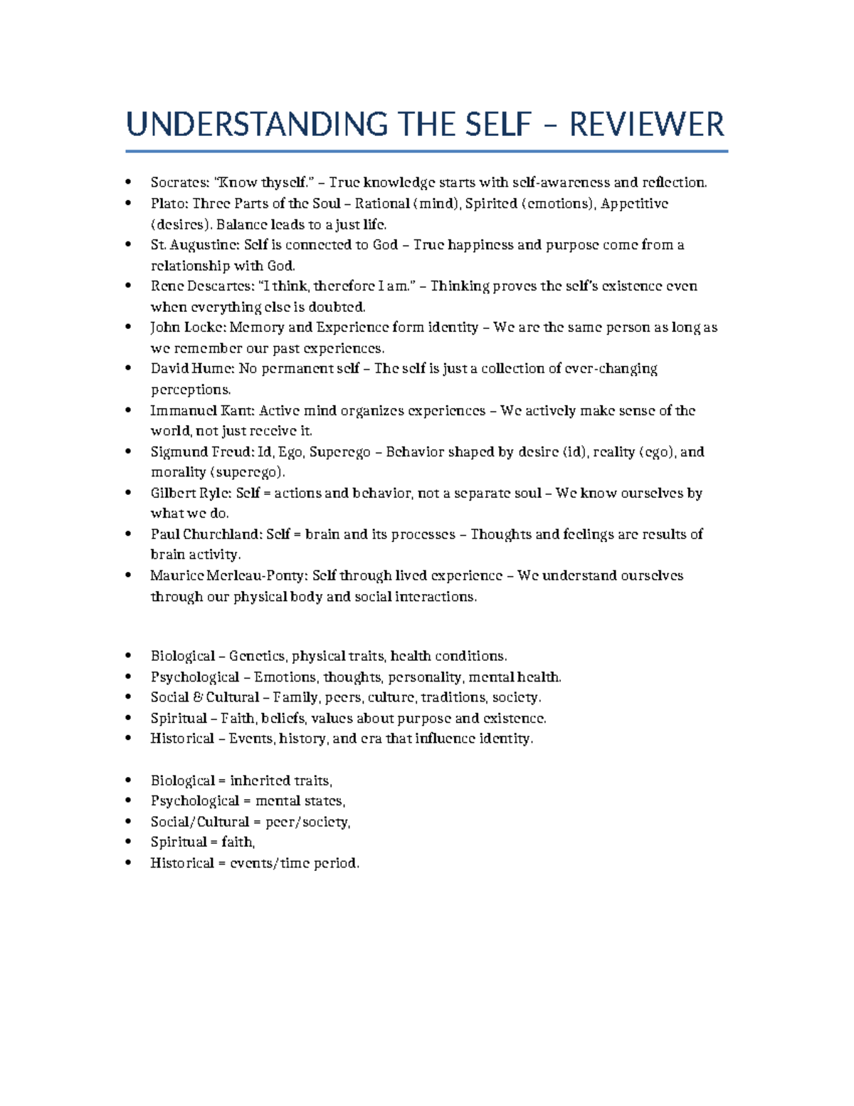 Understanding the Self: Key Philosophers & Concepts Review - Studocu