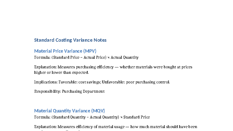 Standard Costing Variance Notes: Key Formulas & Implications - Studocu