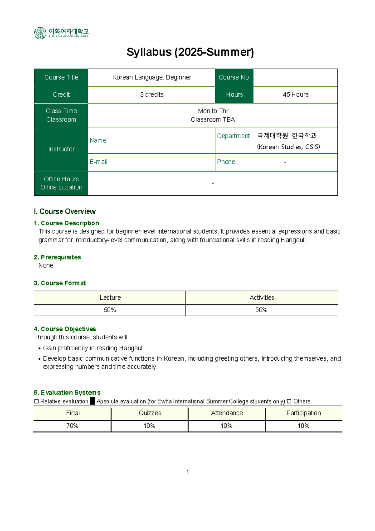 2025 Syllabus(Korean Language Beginner) - 1 Syllabus (2025-Summer ...