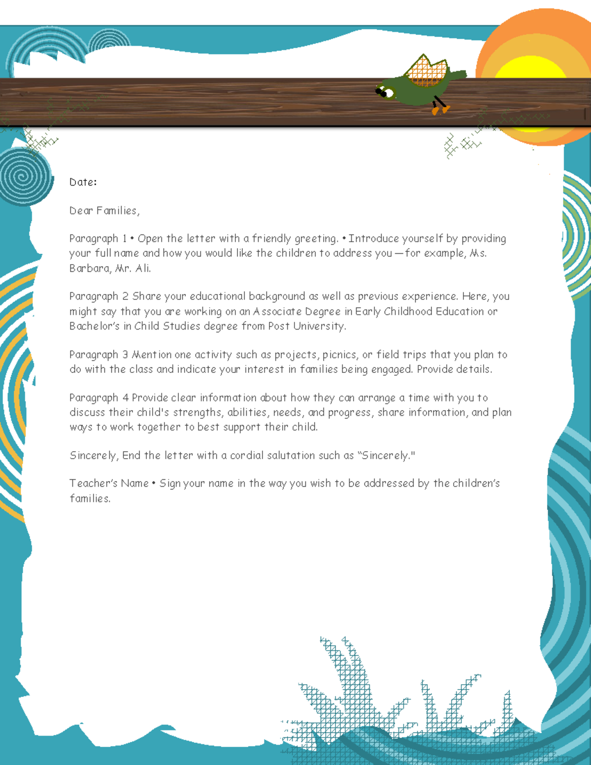 Unit 4 Revised Family Welcome Letter Template - Date: Dear Families ...