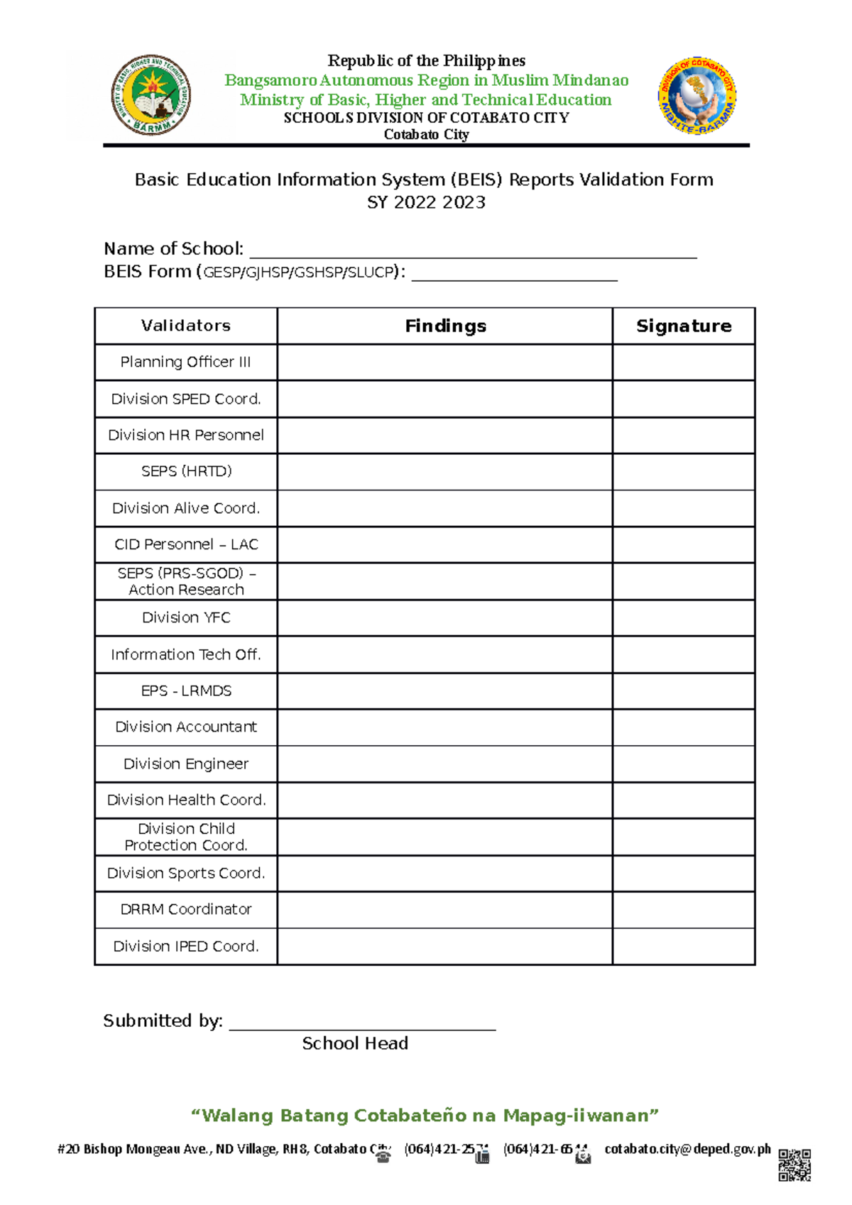 BEIS Validation FORM SY 2022 2023 - #20 Bishop Mongeau Ave., ND Village ...