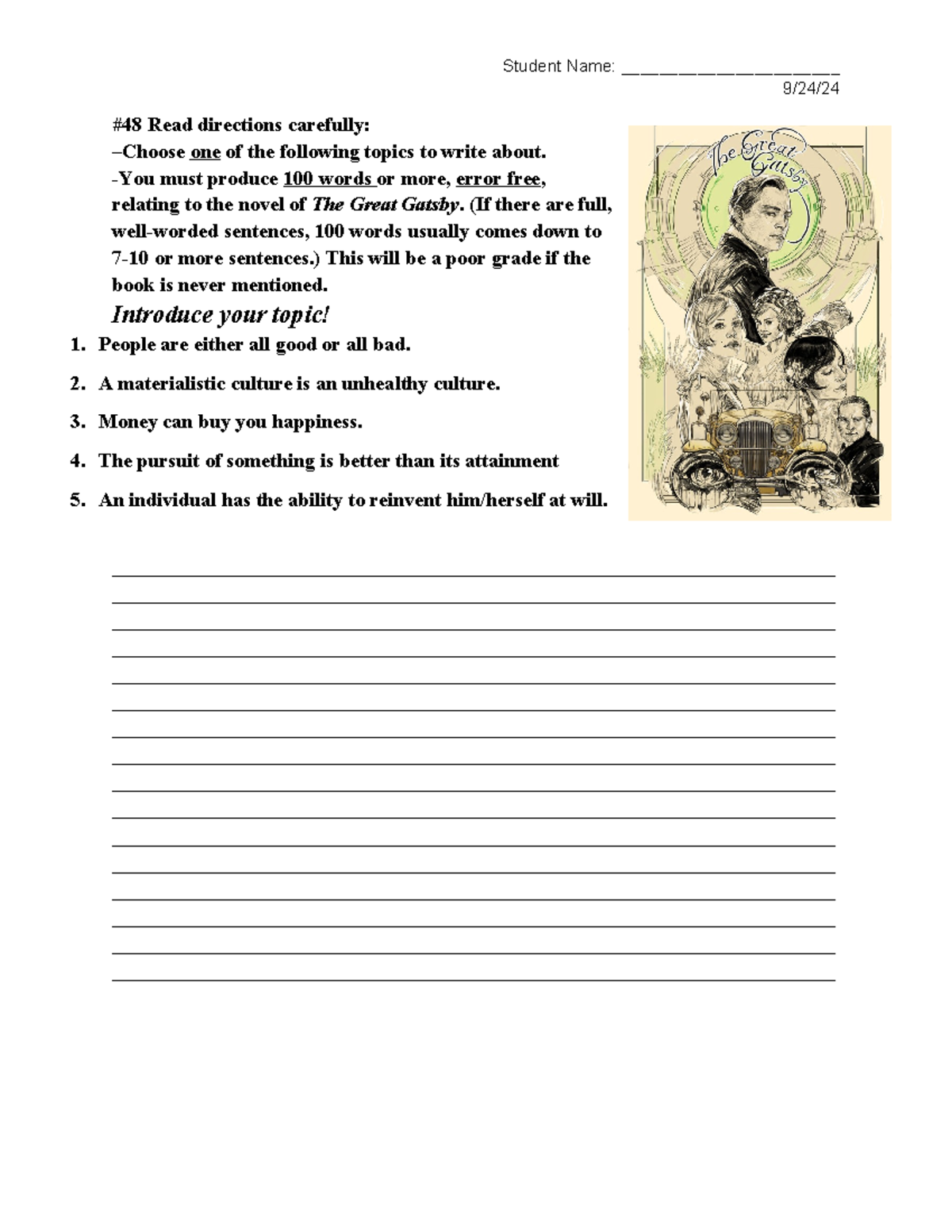 Gatsby Short Essay Test (ENGL 101) - Topics & Directions - Studocu