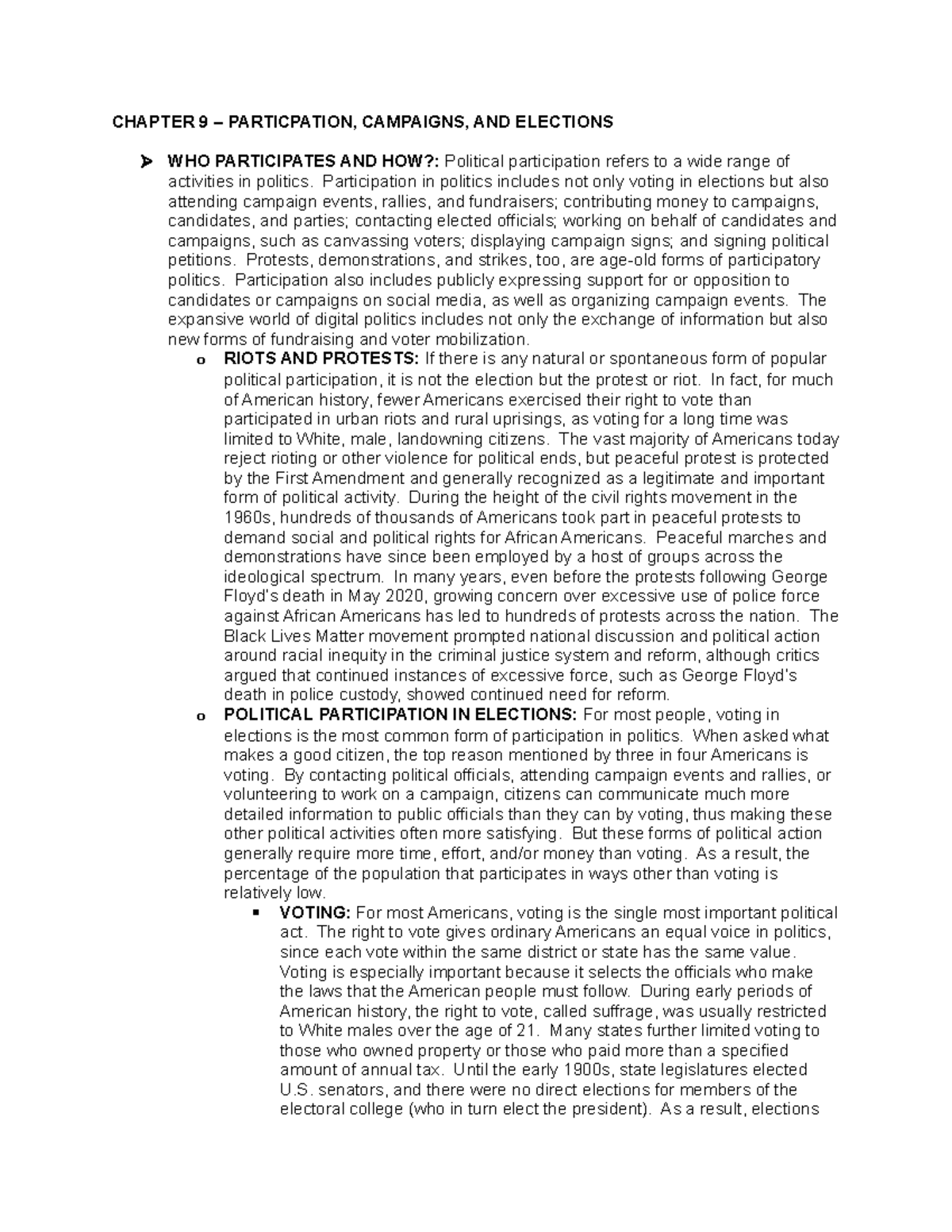 Chapter 9 Notes: Political Participation, Elections & Campaigns - Studocu
