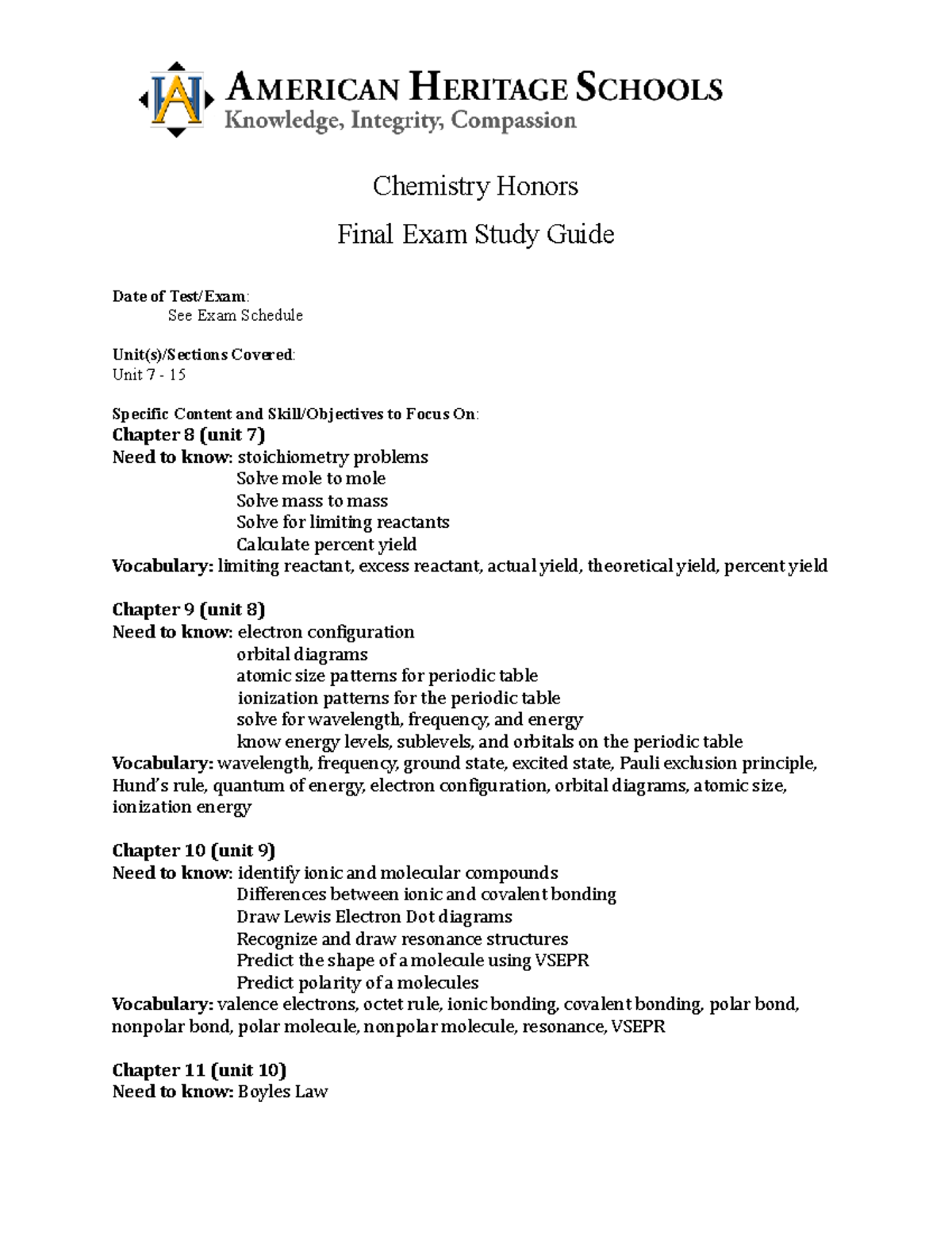 Chemistry Honors Final Exam Study Guide (Units 7-15) - Studocu