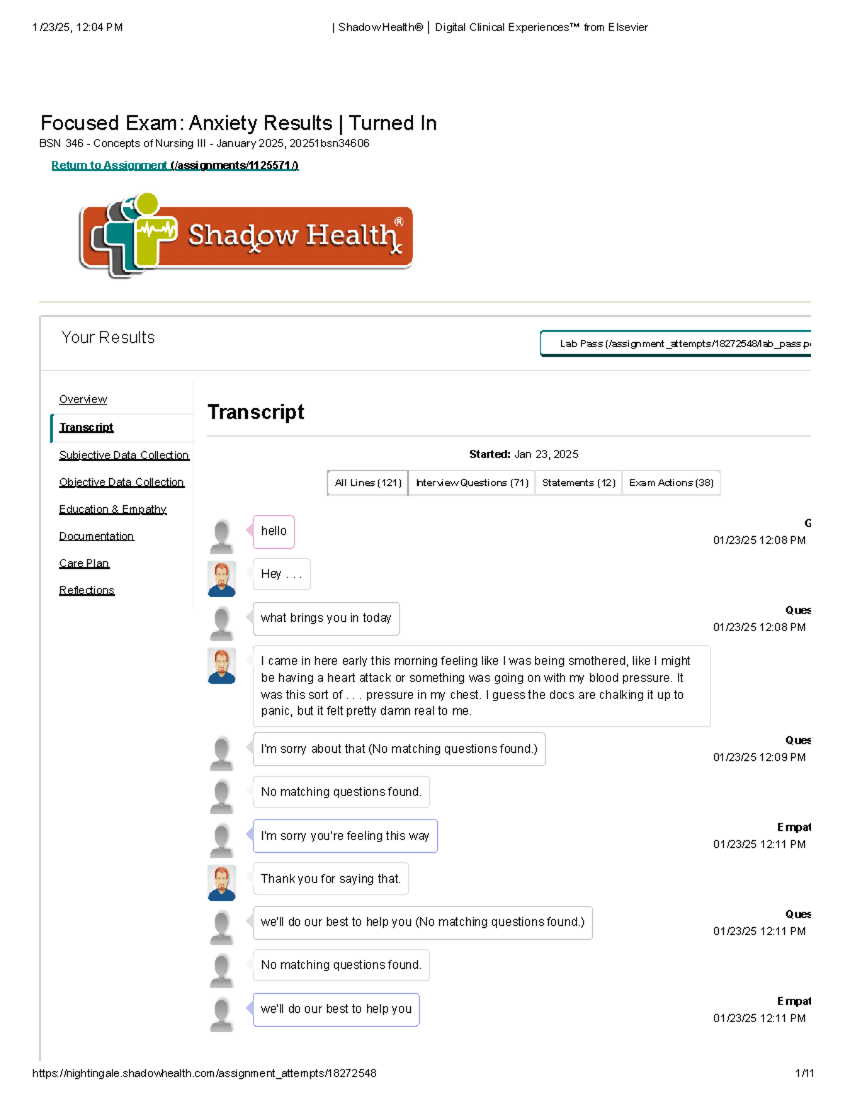 Focused Exam Transcript: Anxiety Case Study - BSN 346 - Studocu