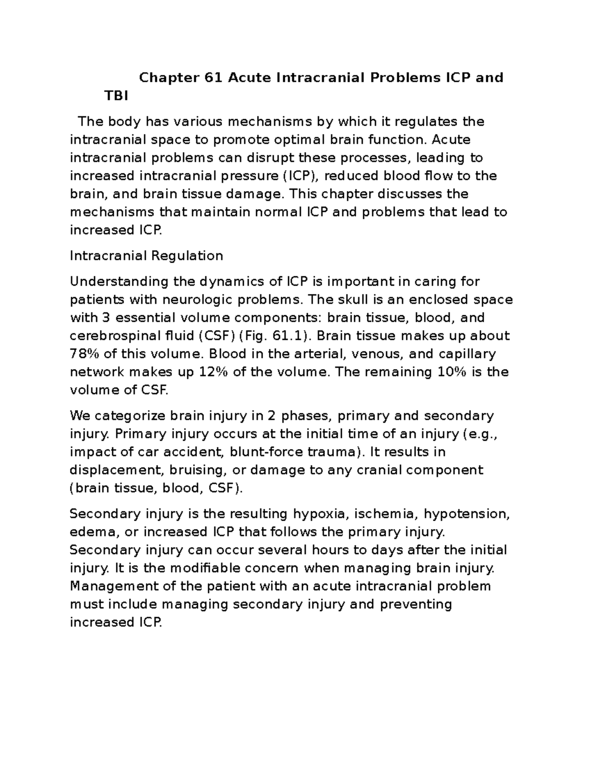 Chapter 61: Acute Intracranial Problems - ICP & TBI Insights - Studocu
