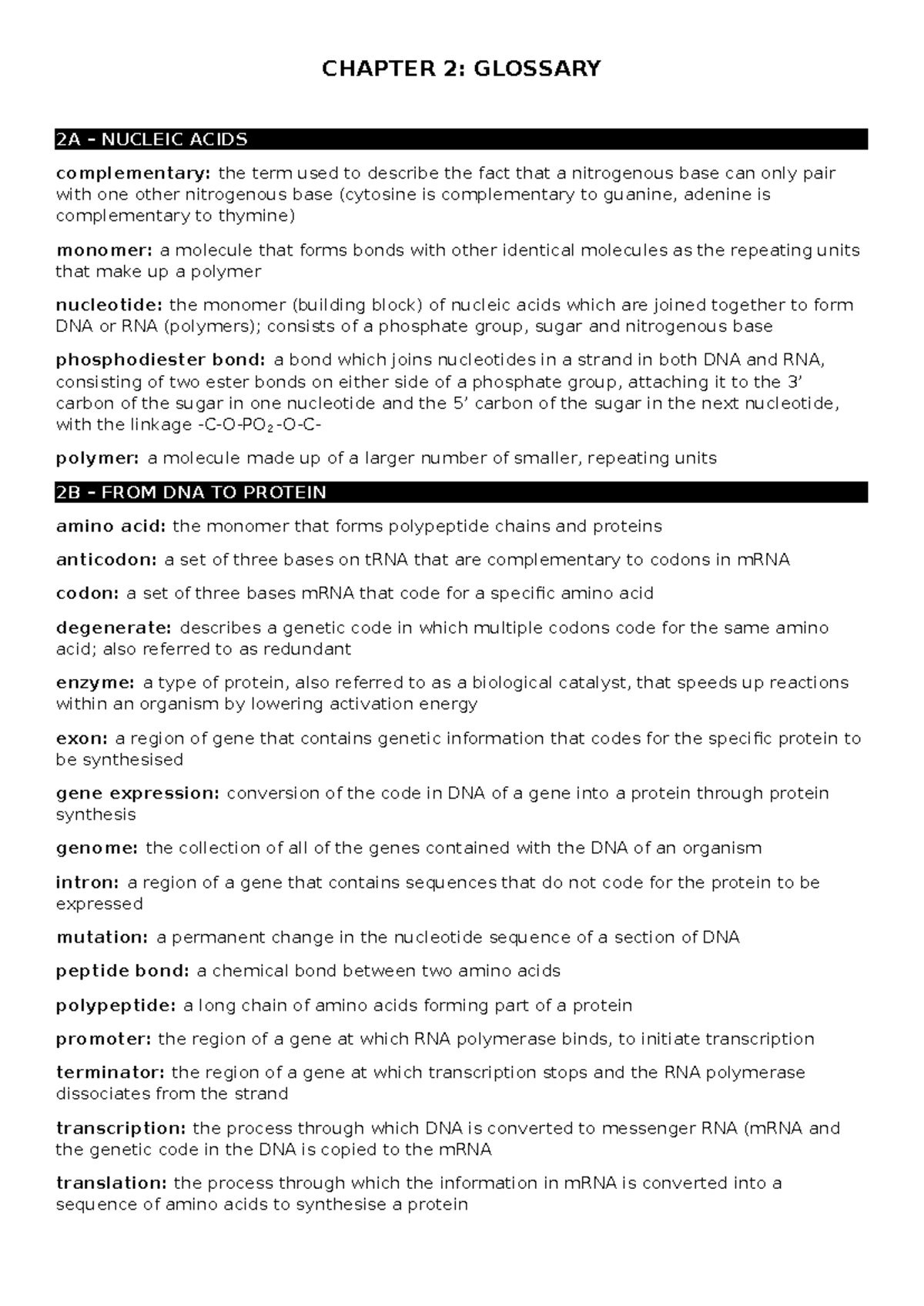 CHAPTER 2: GLOSSARY OF NUCLEIC ACIDS AND PROTEIN SYNTHESIS - Studocu