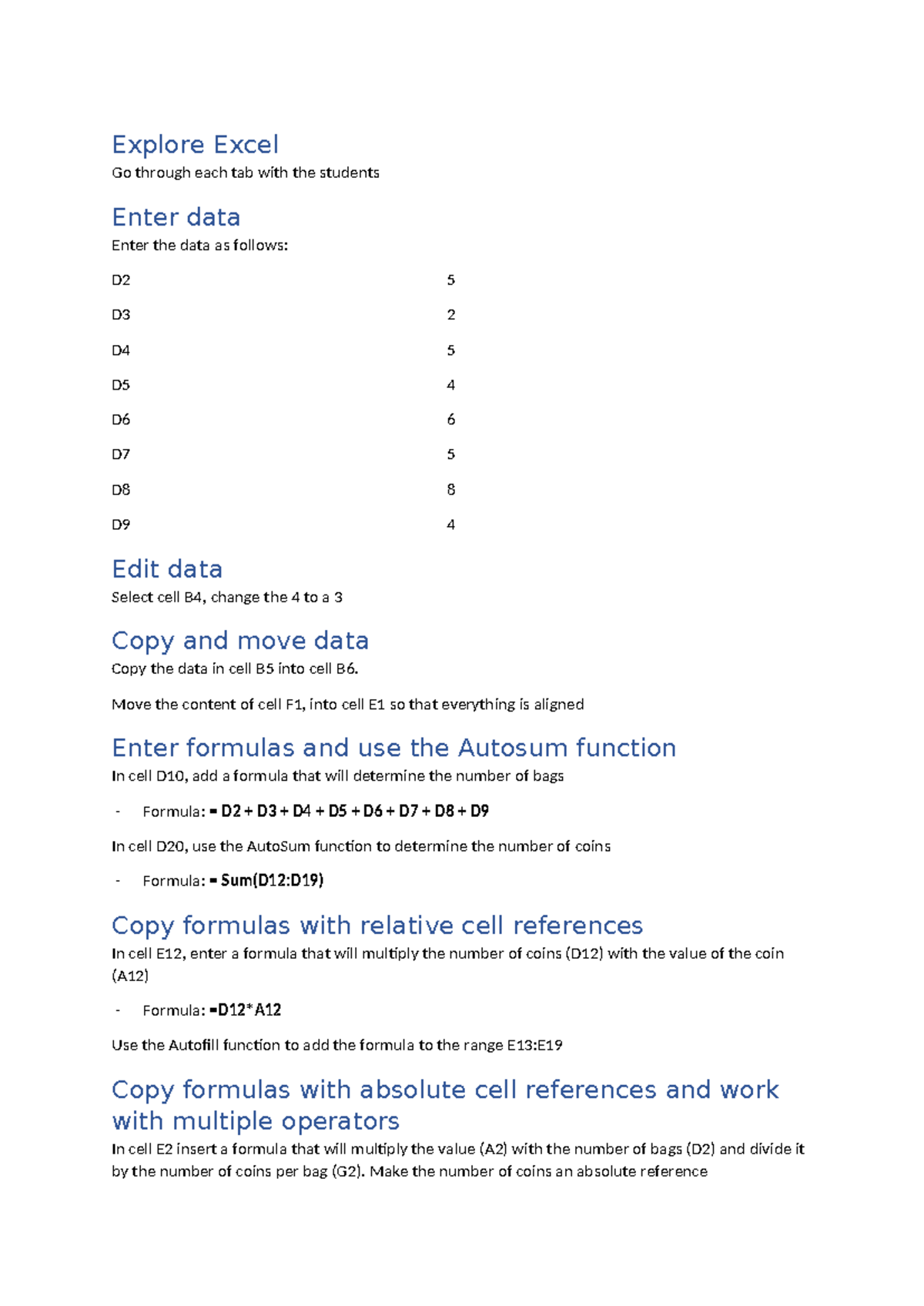Excel Module 1: Step-by-Step Instructions for Data Entry and Formulas ...
