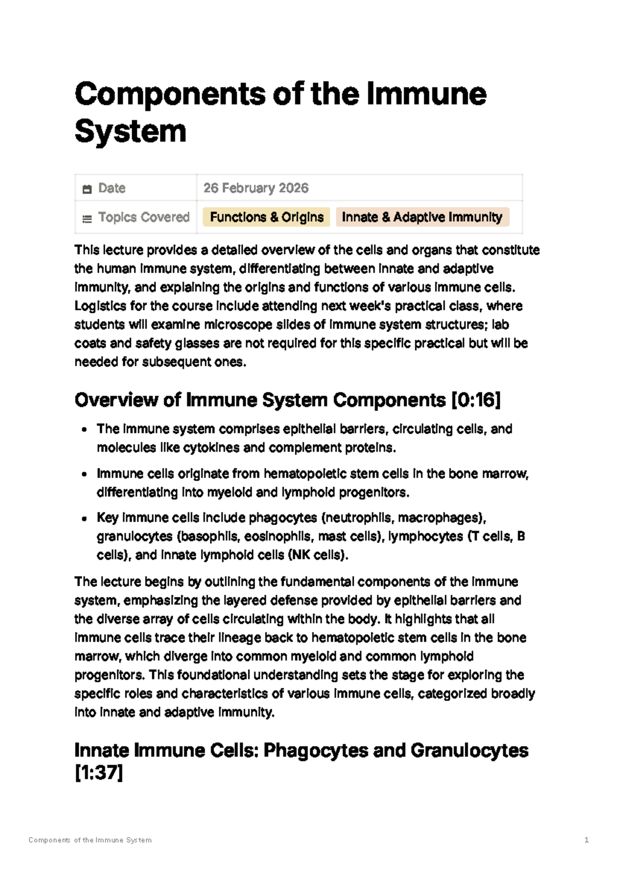 Lecture 2: Components of the Immune System - Functions & Origins - Studocu