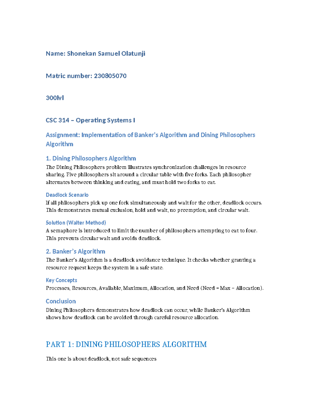 CSC 314 Assignment: Dining Philosophers & Banker's Algorithm Analysis ...