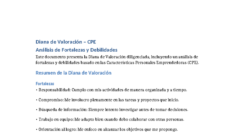 Diana de Valoración CPE: Análisis de Fortalezas y Debilidades - Studocu