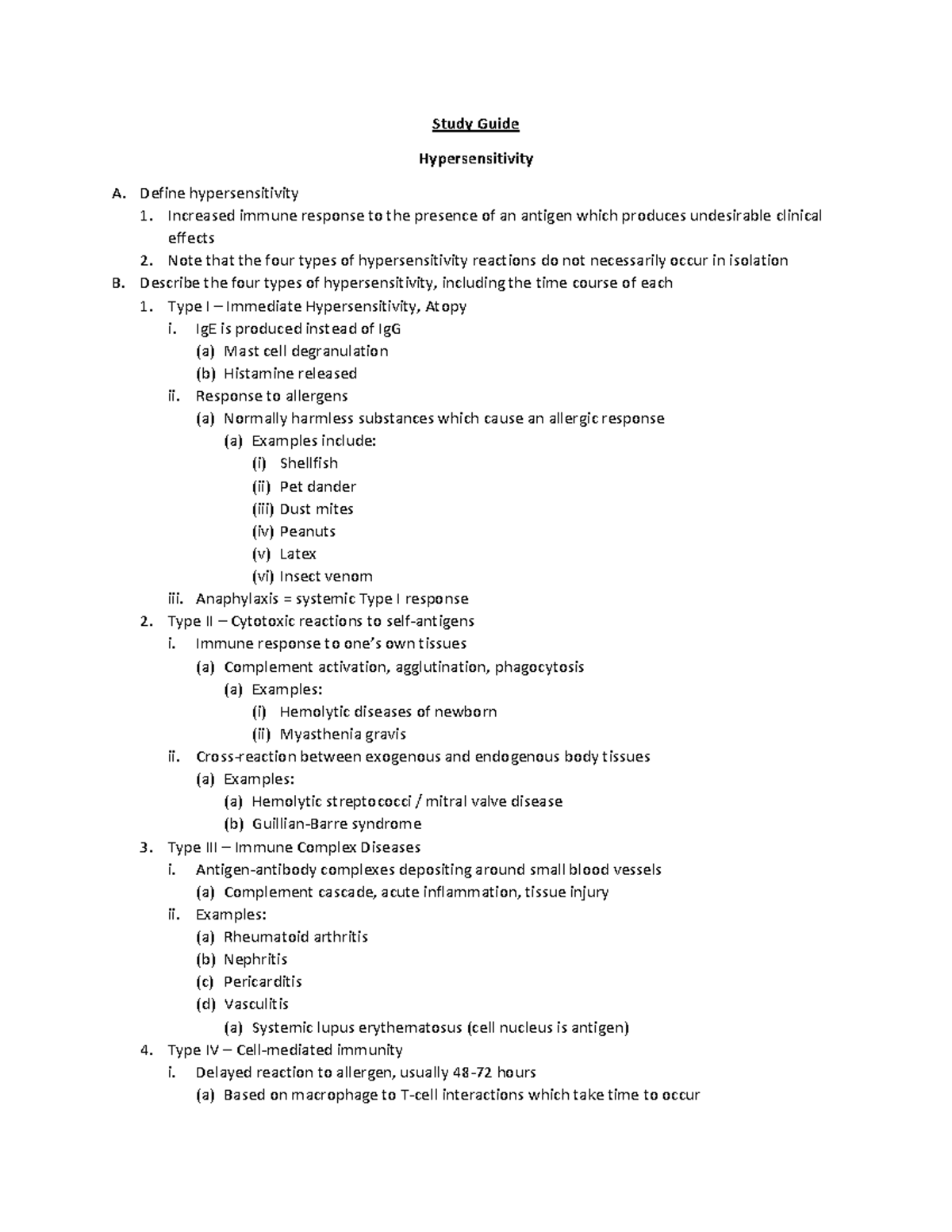 Hypersensitivity Study Guide: Types & Immune Responses - Studocu