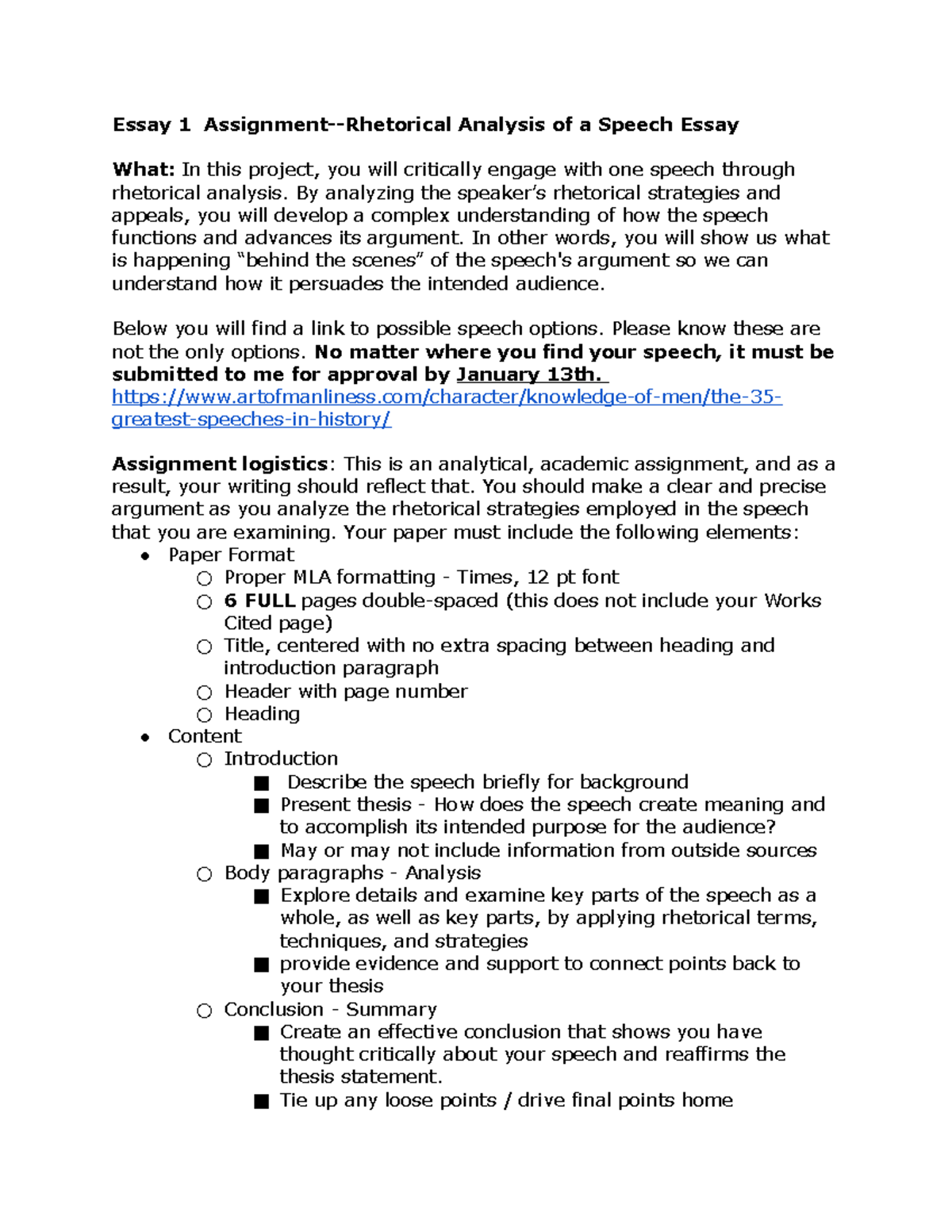 Essay 1 Assignment Rhetorical Speech Analysis - Essay 1 Assignment ...