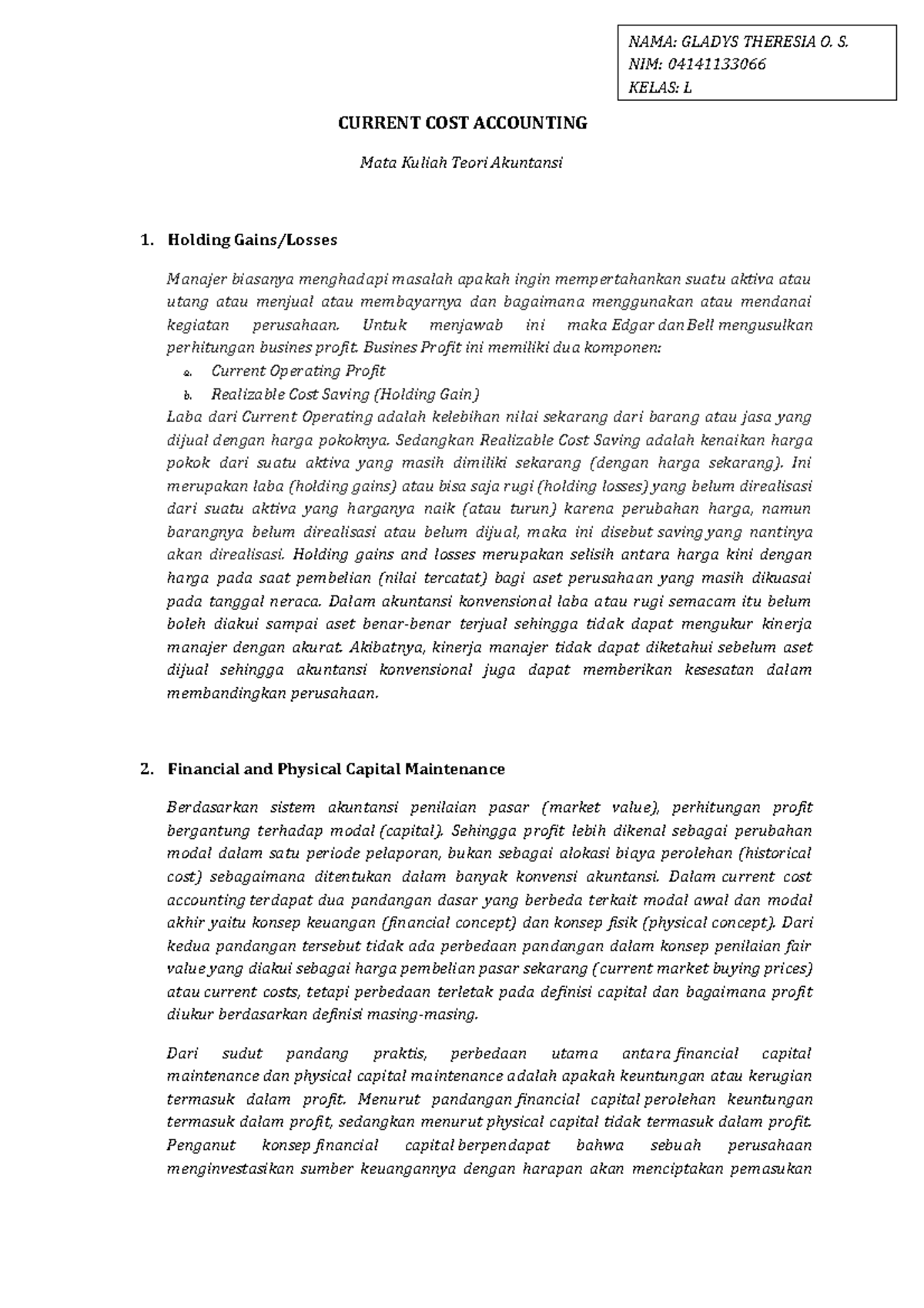Current Cost Accounting: Insights and Challenges in Theory Akuntansi 1 ...
