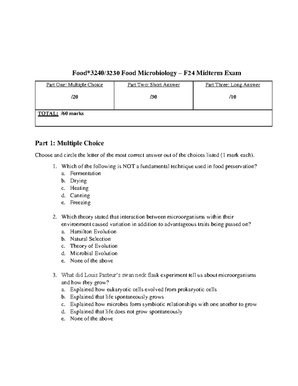 Food Microbiology F24 Midterm Exam: MCQs, Short & Long Answers - Studocu