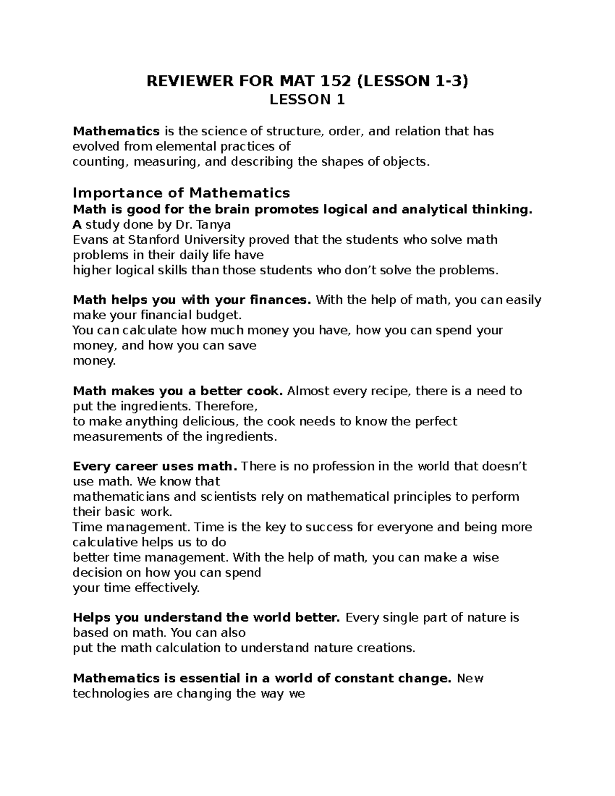 Reviewer for MAT 152: Importance of Math & Reasoning (Lessons 1-3 ...